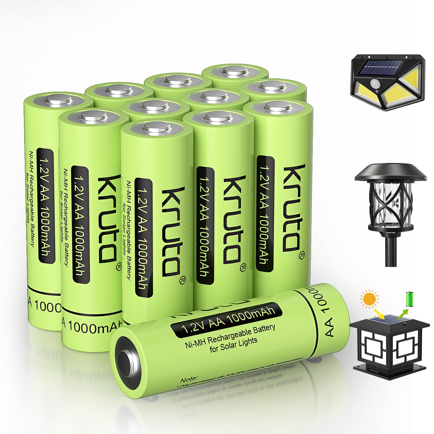 Kruta Rechargeable AA Battery for Outdoor Solar Lights, 12 Pack 1.2V ...