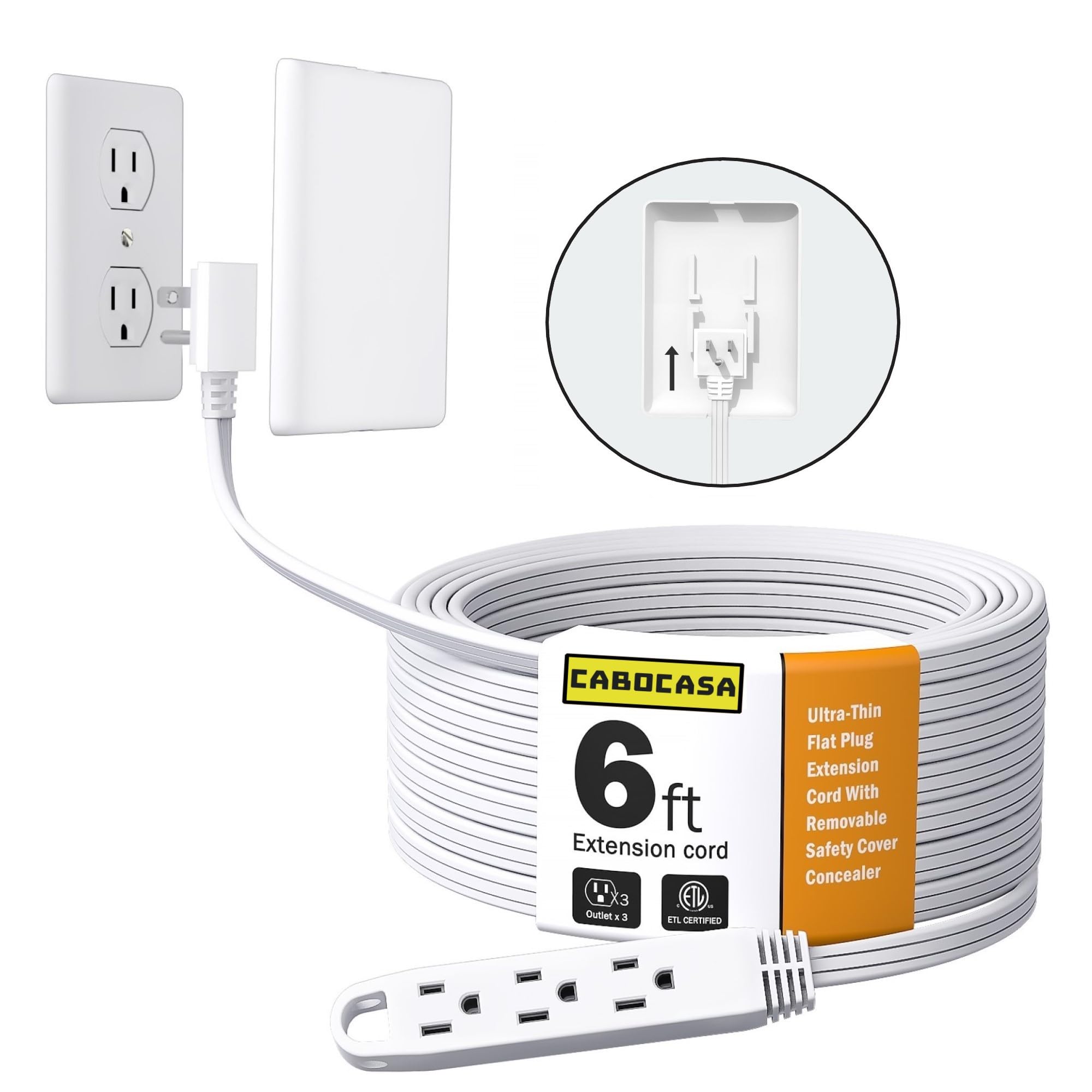 CABOCASA 6FT Ultra Flat Plug Extension Cord Power Strip with 3 Outlets ...
