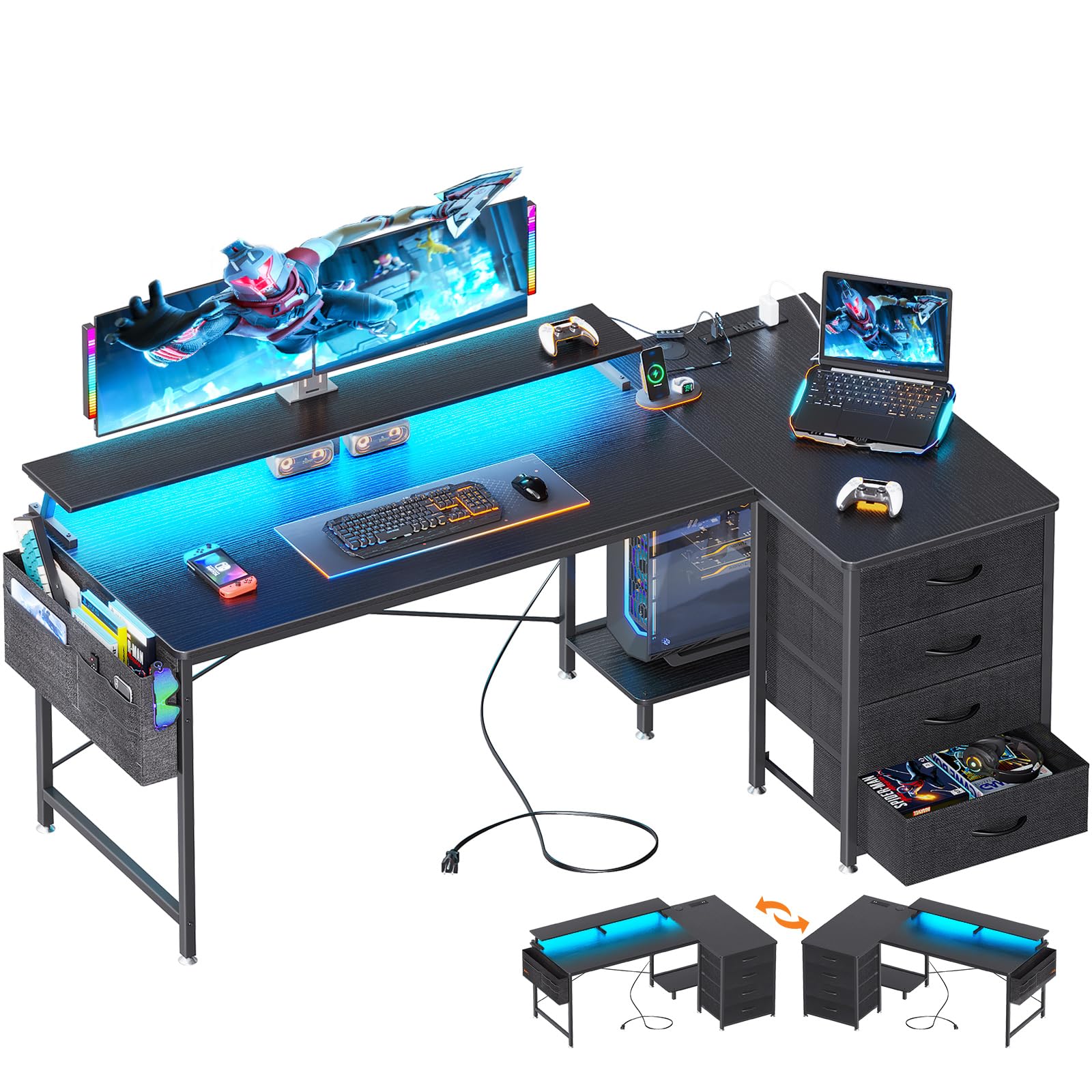 Mua 63 Inch Gaming Desk with LED Lights & USB Power Outlets, Reversible ...