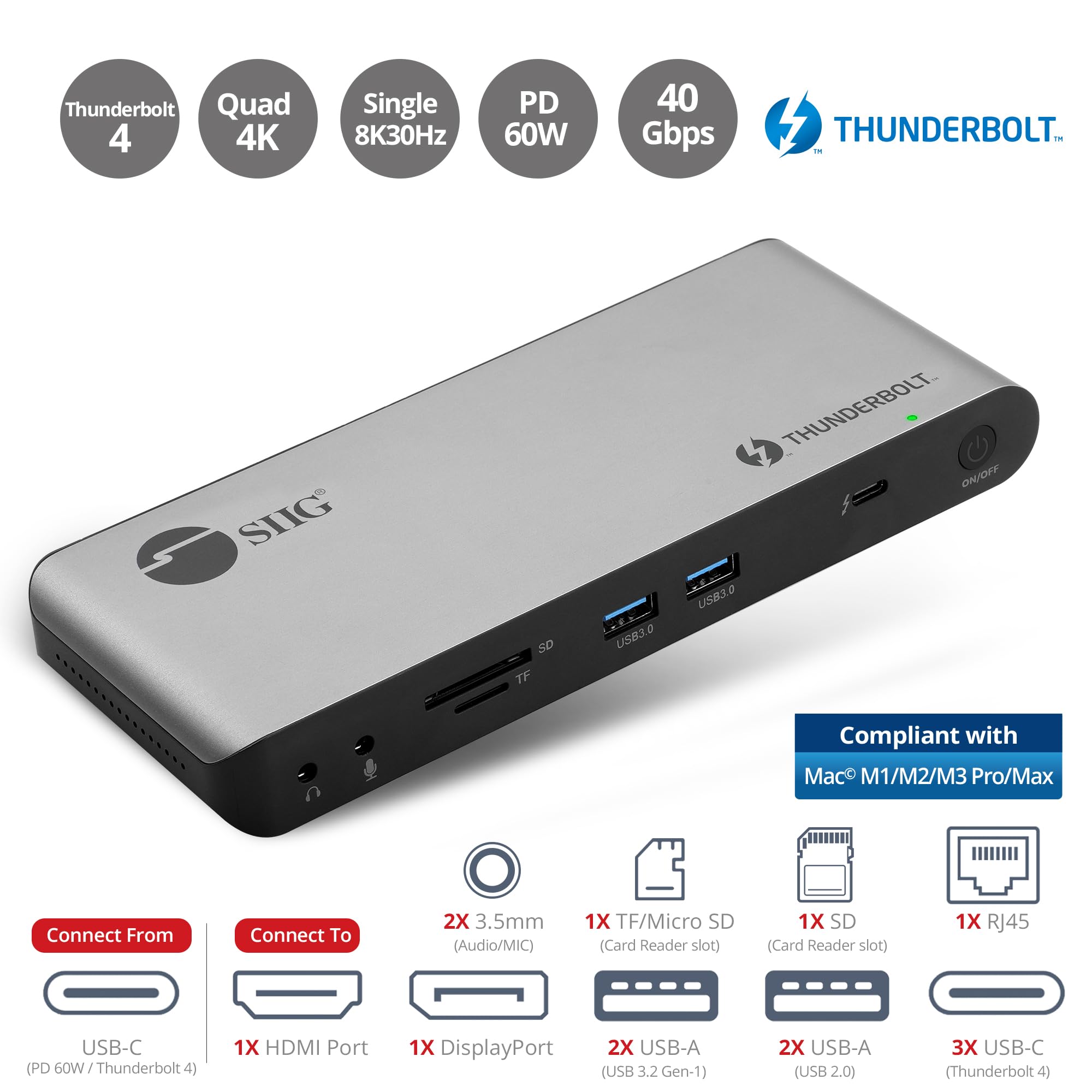 SIIG Thunderbolt 4 Docking Station - Quad 4K / Single 8K, 60W PD, 3X ...