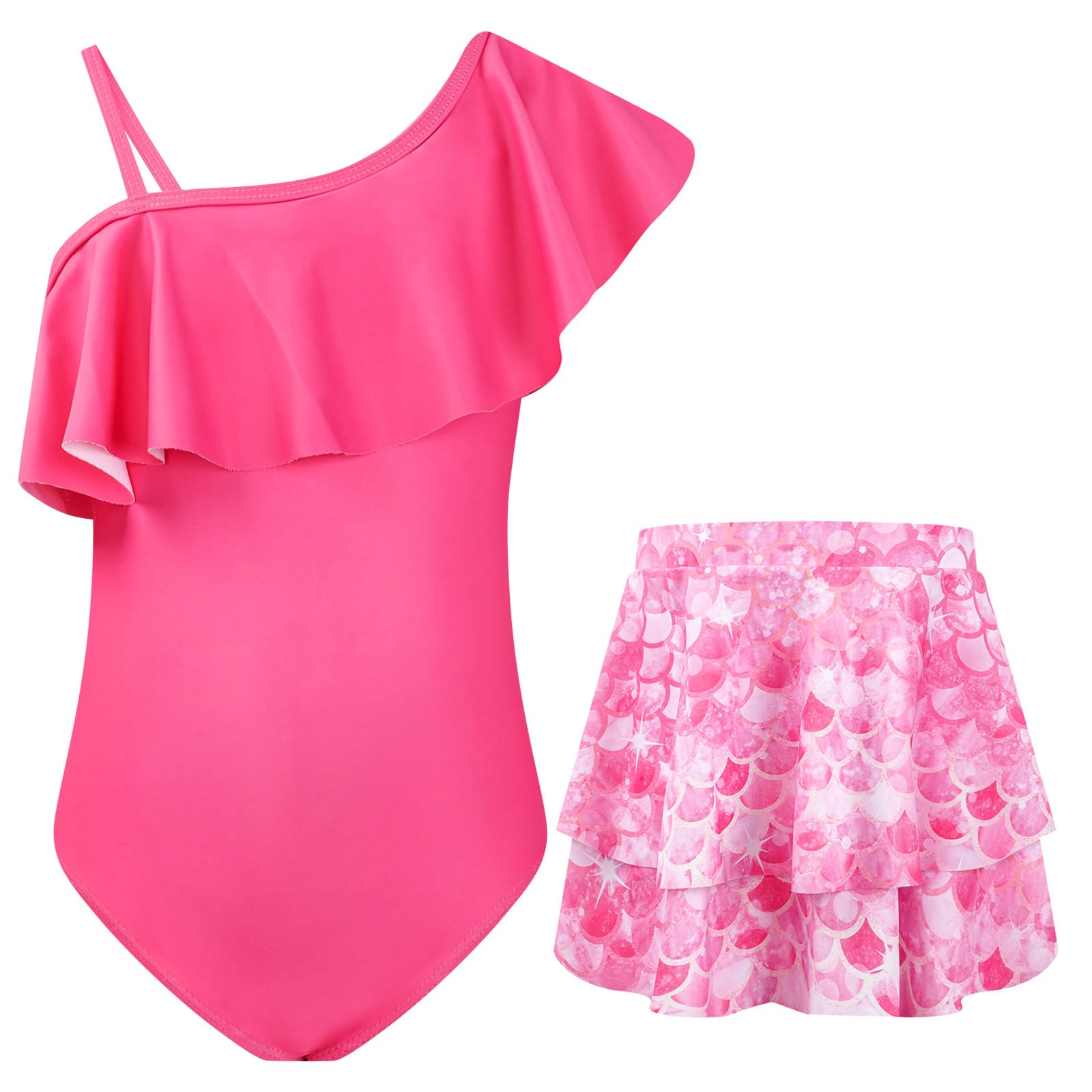 JiAmy Girls One Piece Swimsuit with Skirt One Shoulder Ruffle Bathing ...