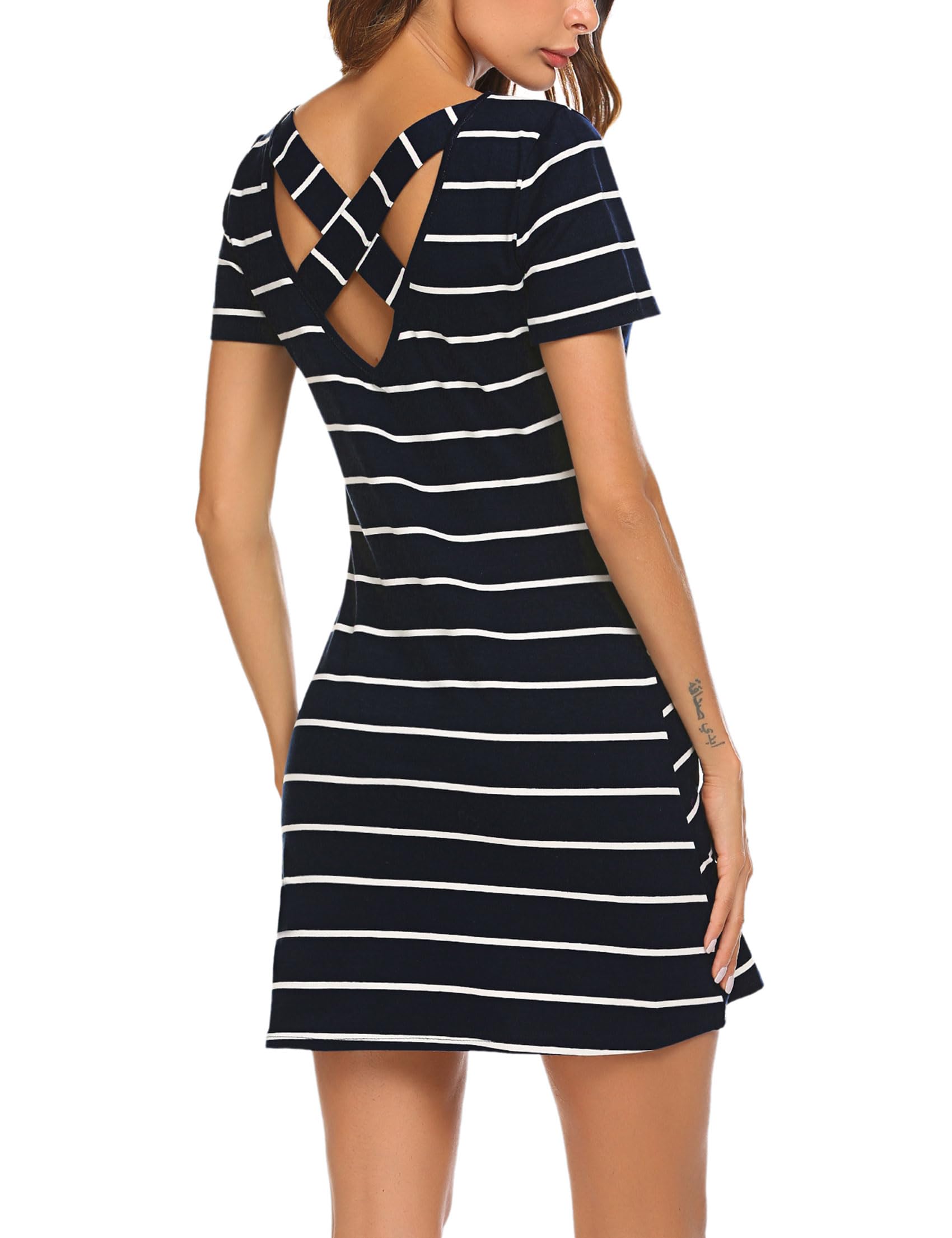 Feager Women's Casual Striped Criss Cross Short Sleeve T Shirt Dress ...