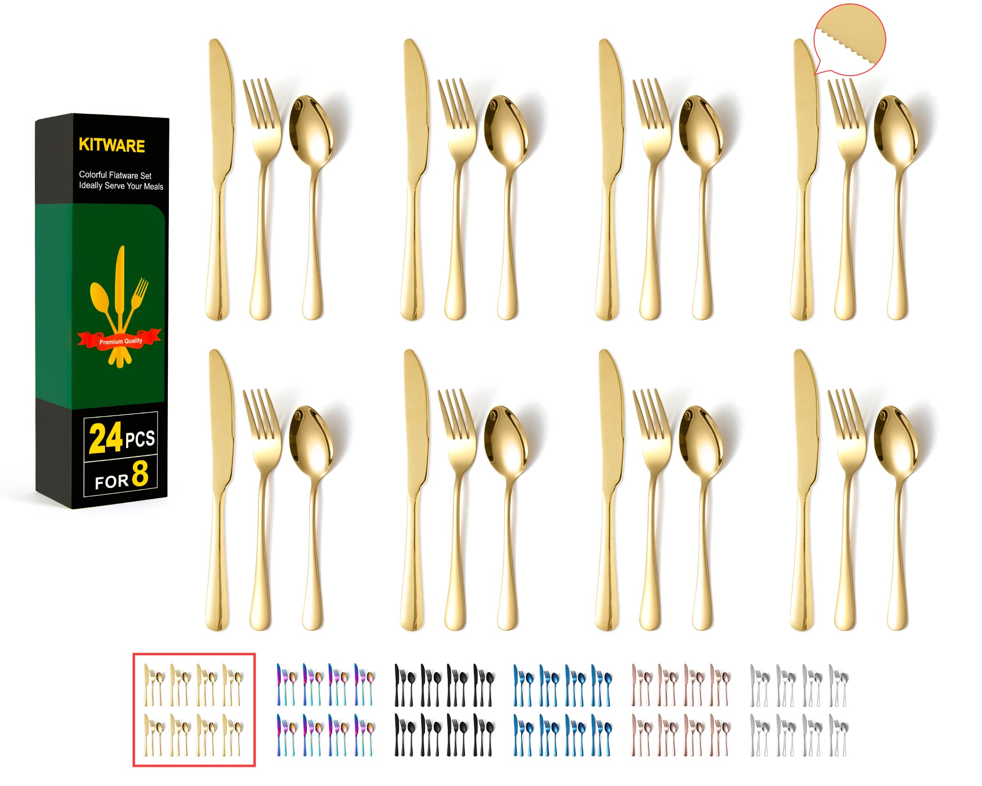 24 Pieces Knifes Forks Spoons Set for 8, KITWARE Gold Silverware Set ...