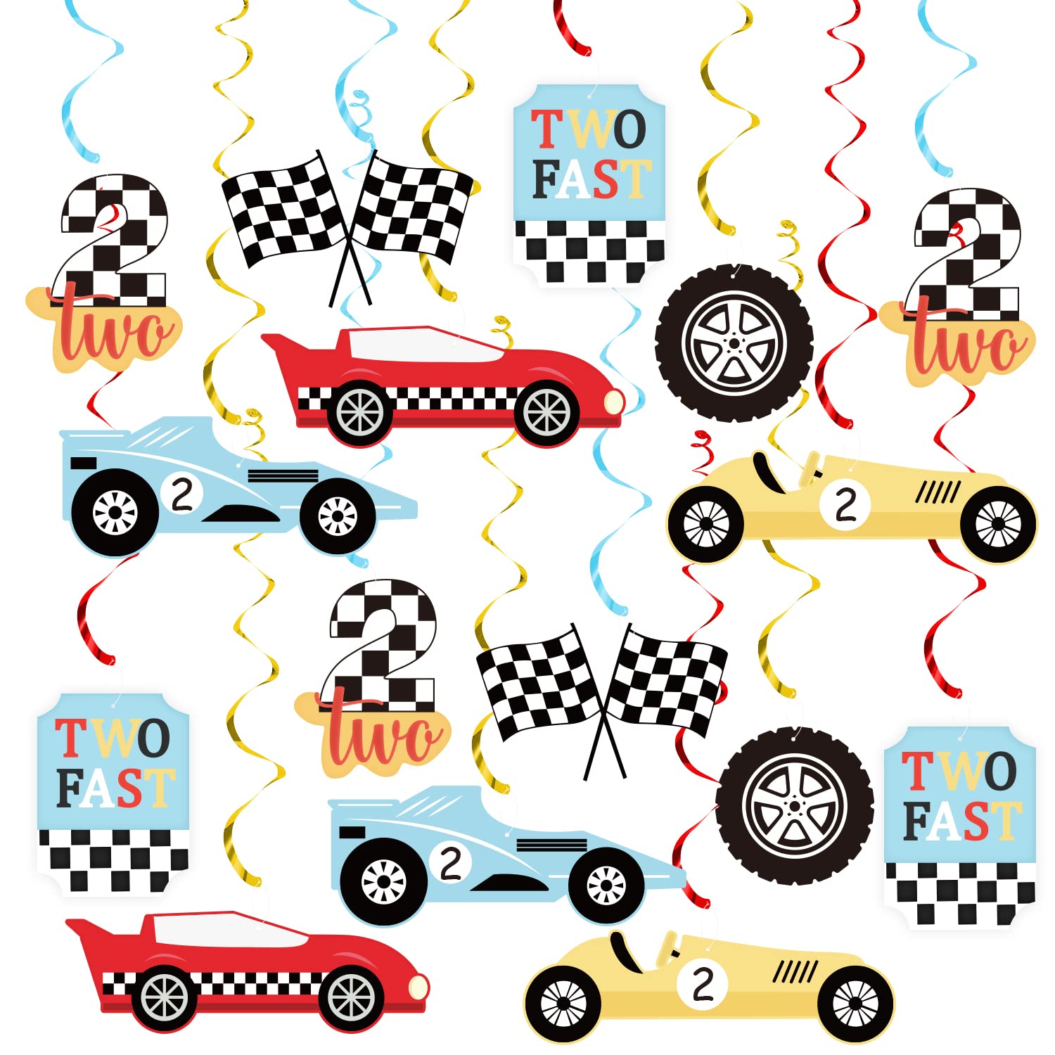 K KUMEED Race Car Two Fast Party Hanging Swirls Checkered Flags Racing ...