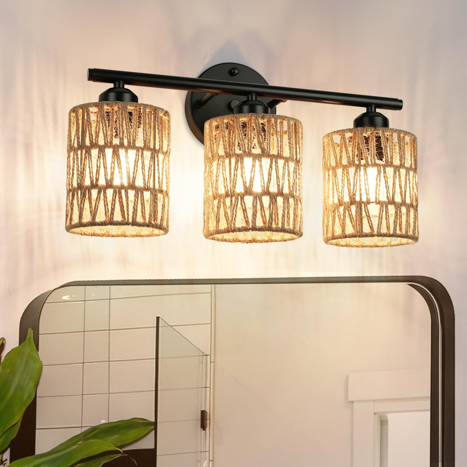 Frideko 3-Light Bathroom Vanity Light Fixtures, Modern Rattan Bathroom ...