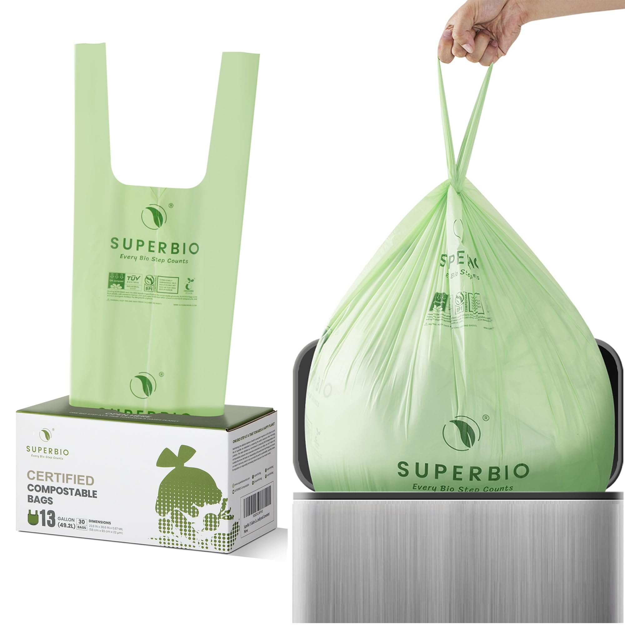 SUPERBIO 13 Gallon Compostable Kitchen Waste Bags with Handles, Food ...