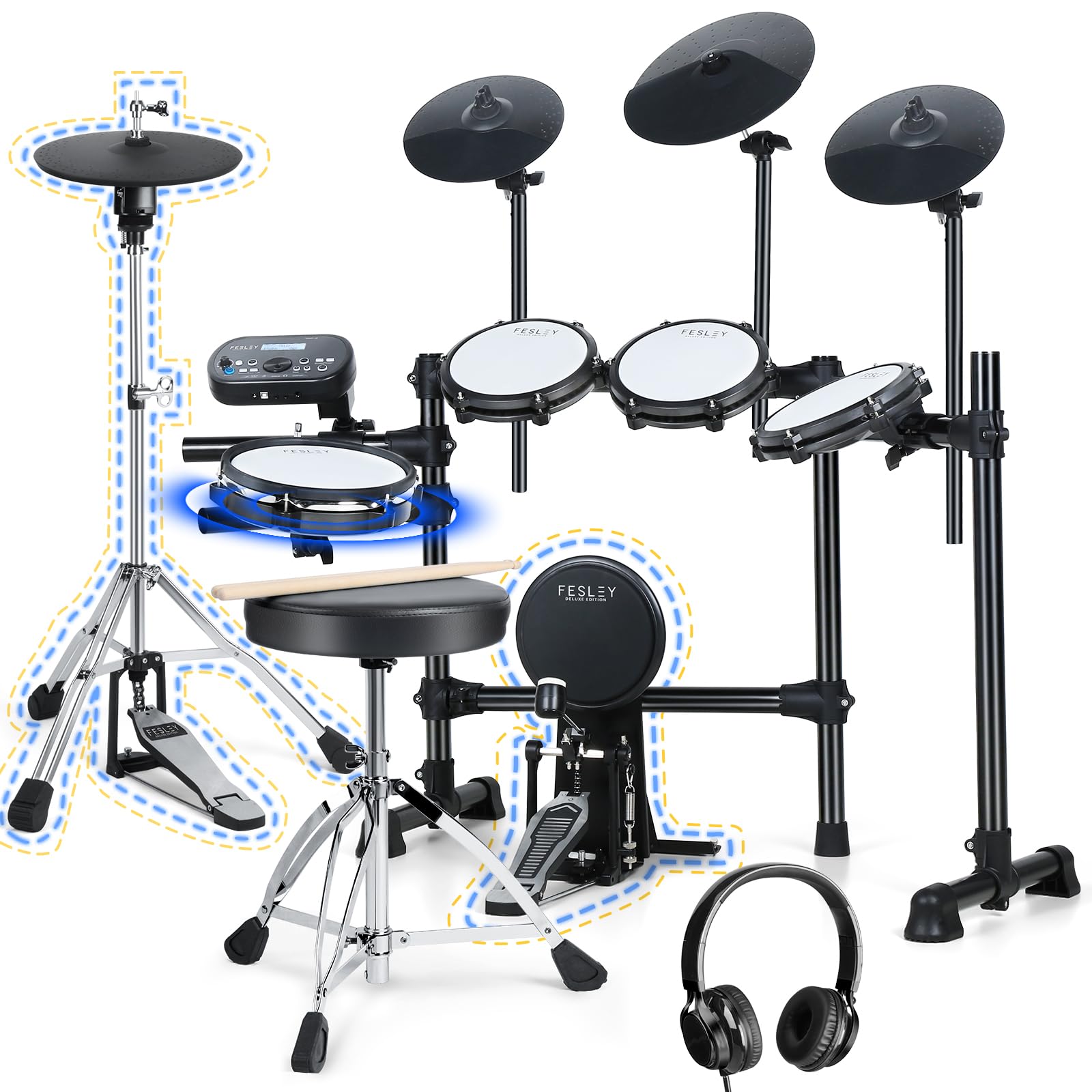 Fesley Electric Drum Set, Electronic Drum Set with 4 Quiet Mesh Drum ...