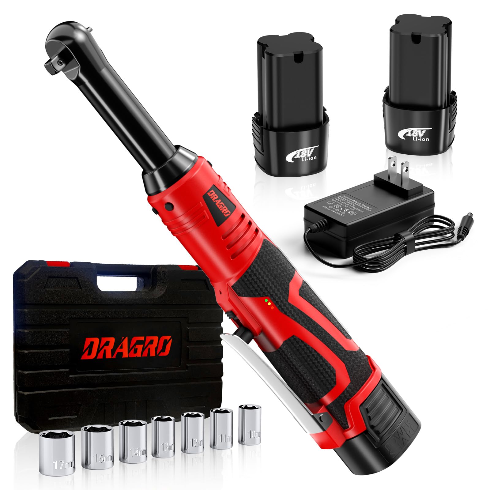 Dragro 3/8" 18V Cordless Electric Ratchet Wrench Set, 40 Ft-Lbs 450RPM ...