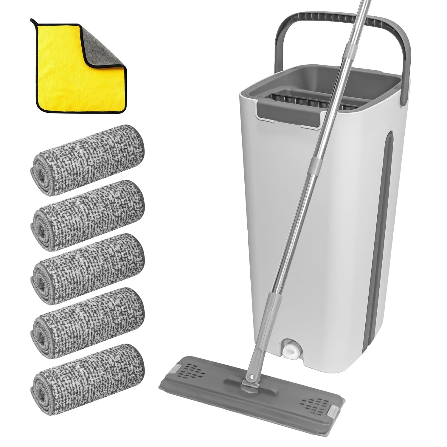 Mop and Bucket Set with Wringer Set with 5 Washable Microfiber Pads ...