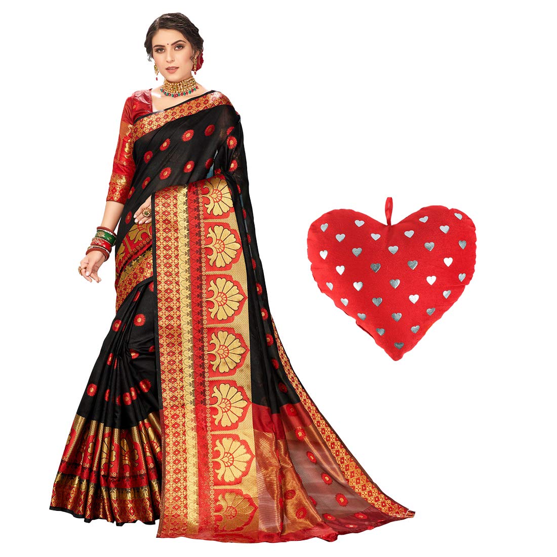 D'WIU Cotton Silk Saree Combo with Silver Heart Shape Cushion for ...