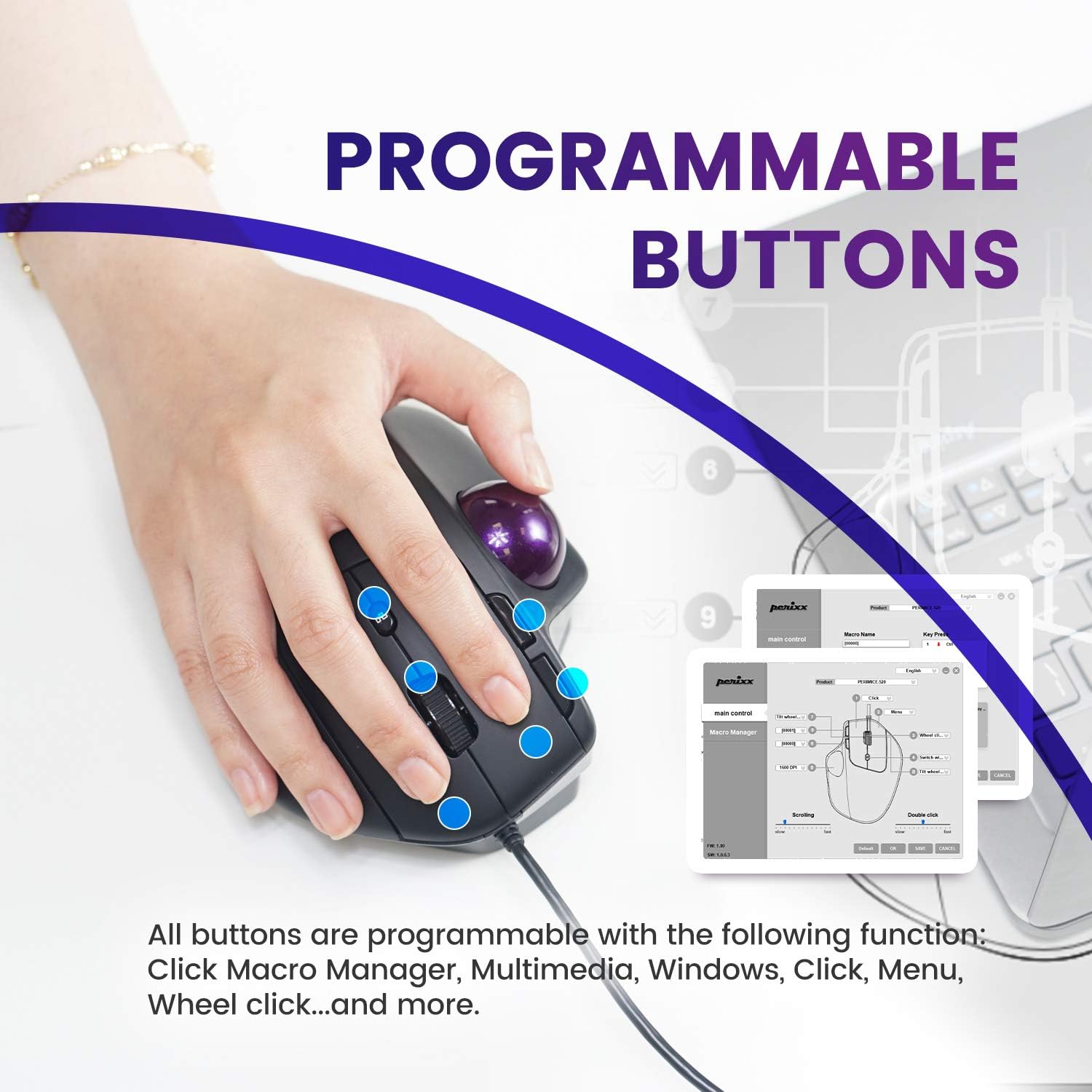 Perixx PERIMICE-520 Wired USB Ergonomic Programmable Trackball Mouse ...