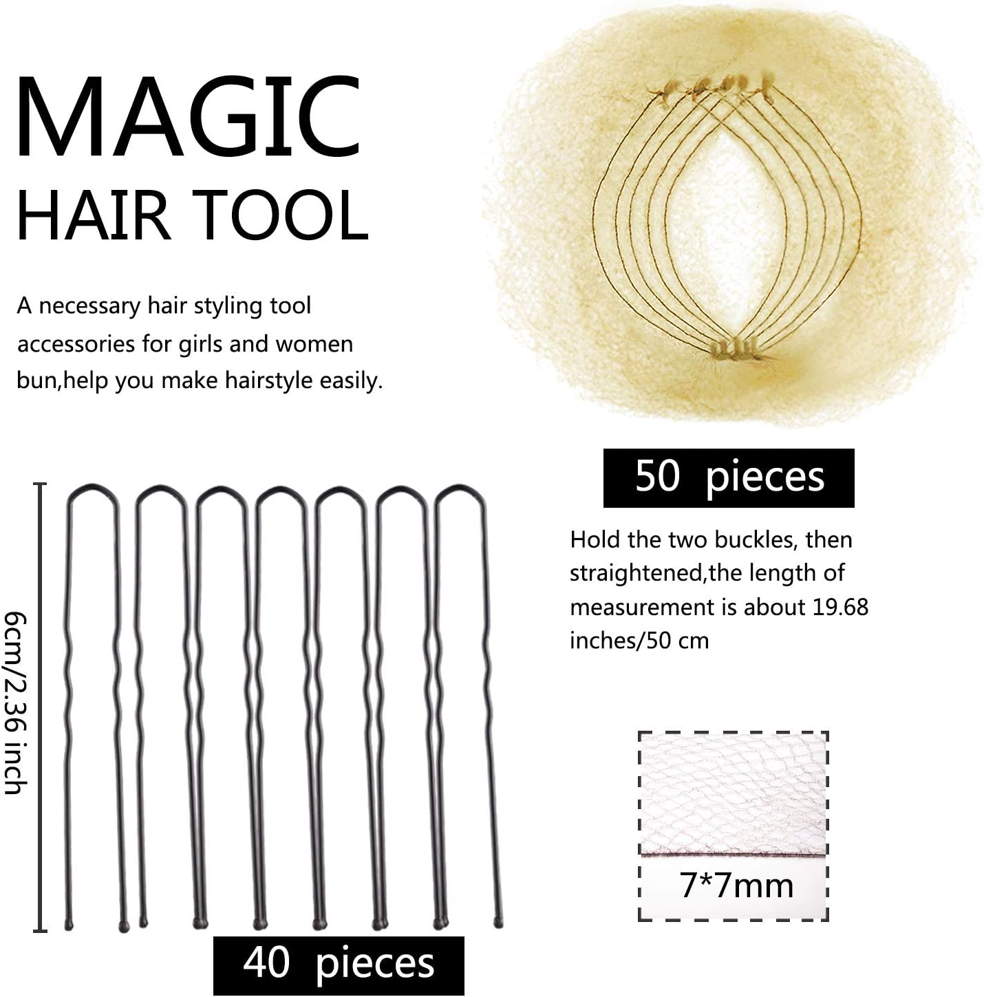 Hair Nets Invisible Elastic Edge Mesh and U Shaped Pins Set, 50 Pieces ...