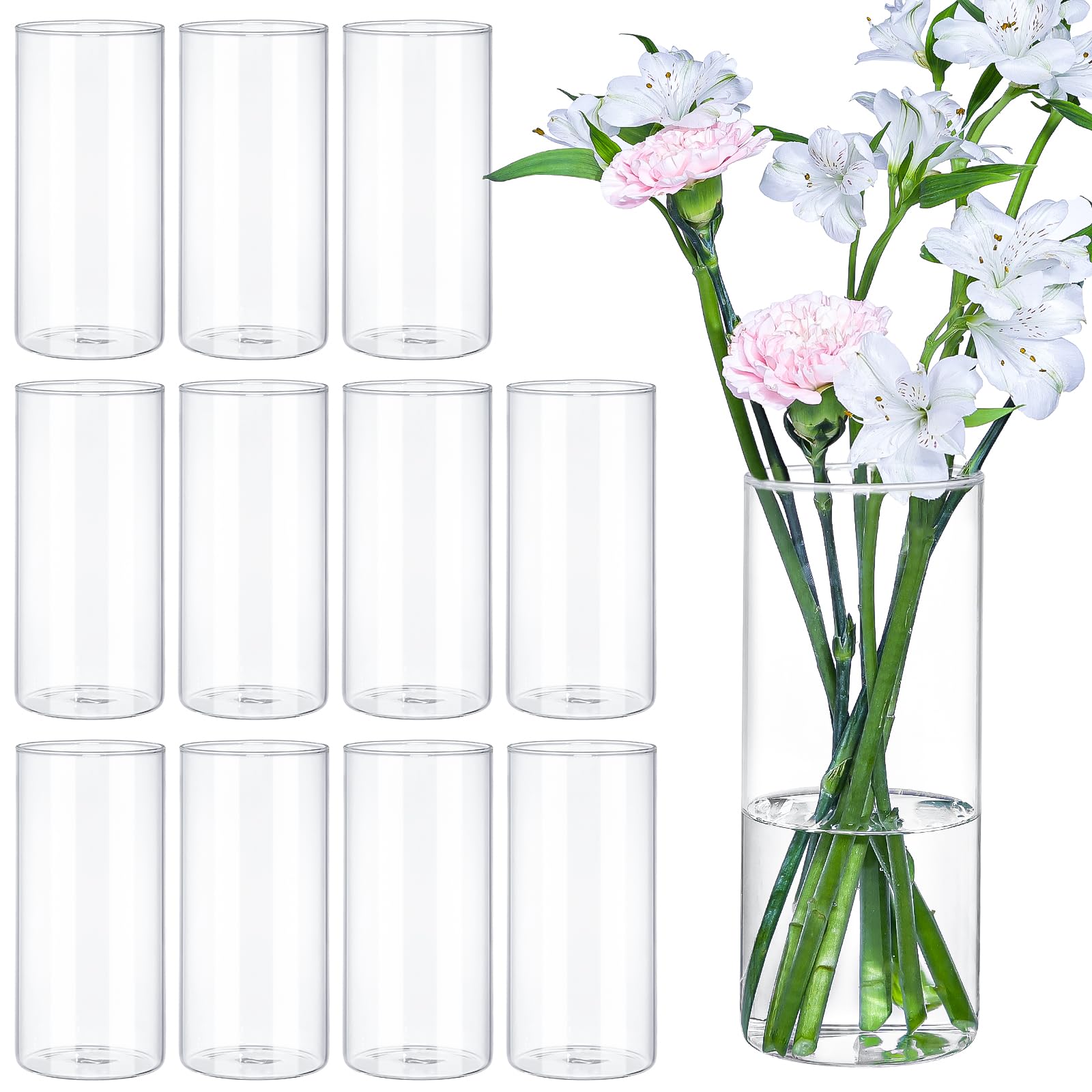 **MISSING 1 VASE** TBWIND 12Pcs Glass Cylinder Vases 8 Inch Tall Clear ...