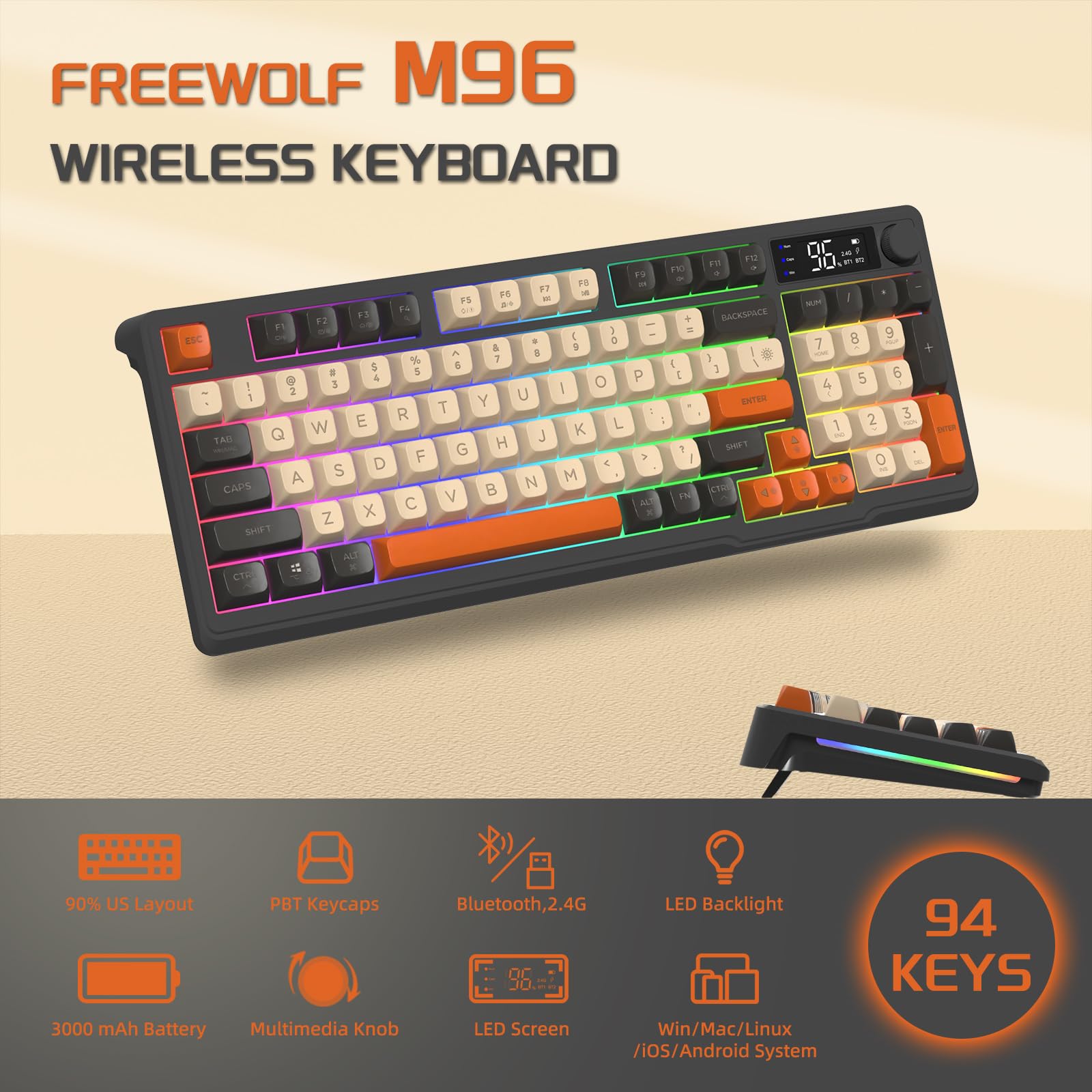 Mua FREEWOLF M96 Wireless Gaming keyboard, Knob Control Bluetooth/2.4G ...