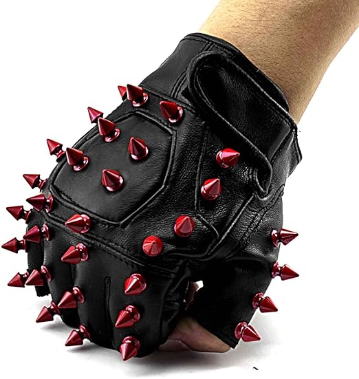 Red Metal Spike Studded Leather Fingerless Gloves Cosplay Biker Rock ...