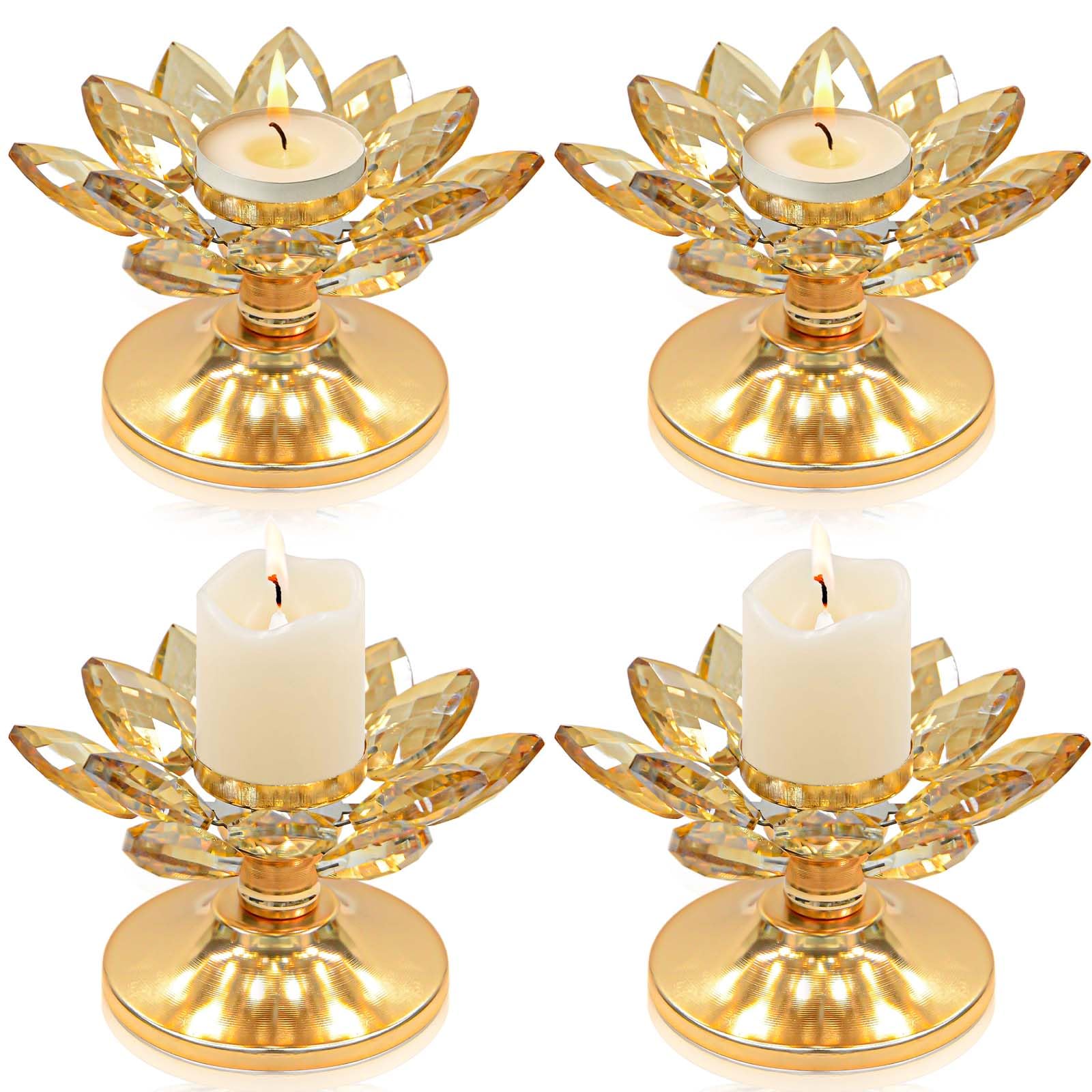 4 PCS Gold Crystal Flower Tea Light Holder, Glass Tealight Candlestick ...