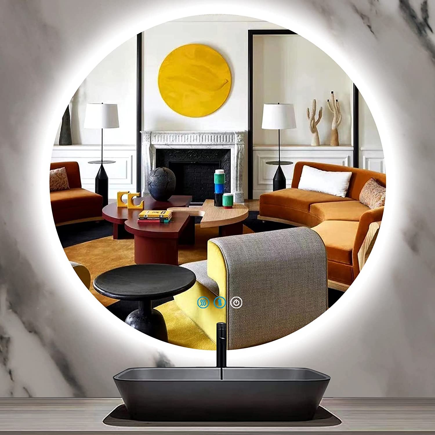 THEKLA Backlit Round LED Bathroom Mirror, 24 inch, 3 Color Dimmable ...