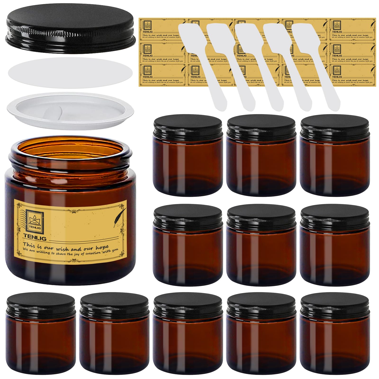 TENLIG 4 oz Glass Jars with Lids,Amber,12 Pack Empty Cosmetic ...