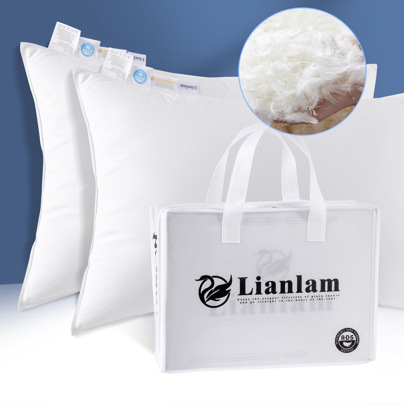 LIANLAM Luxury Canadian White Goose Down Pillow King Size Set of 2-1050 ...