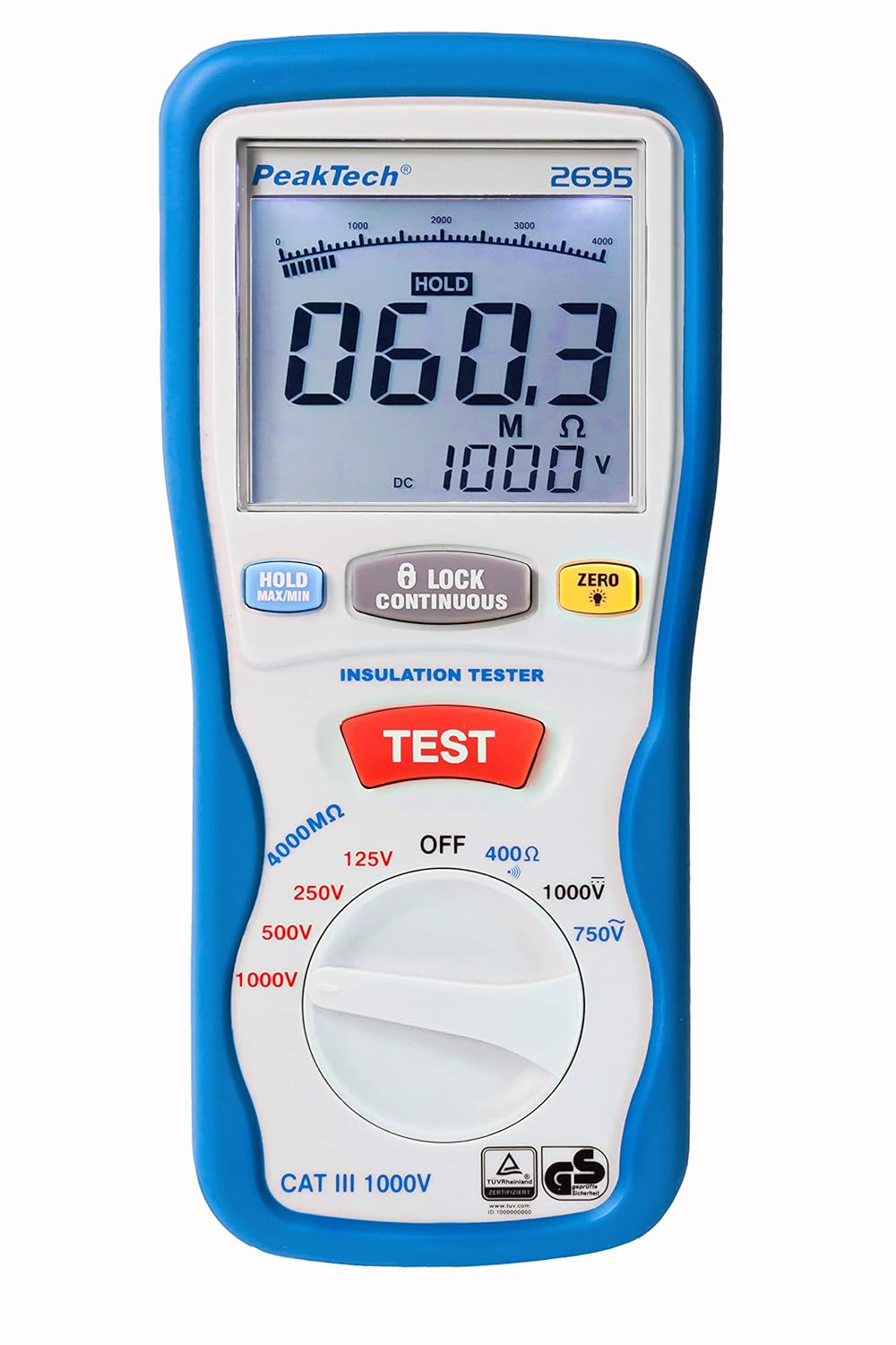 PeakTech 2695, Digital Insulation Meter, 3Â 1/2Â Digit, 125/250/500 ...