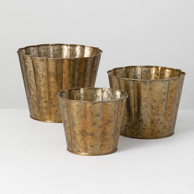 Set of 3 8.5-Inch, 7-Inch, 6-Inch Vintage Gold Galvanized Metal Flower ...