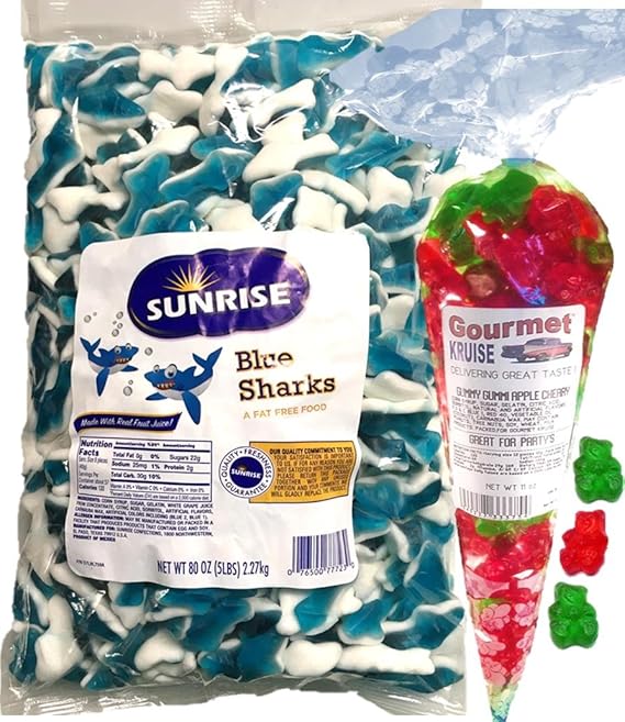 Amazon.com : Sunrise Blue Gummy Sharks 5lb Bag With Green Apple And ...