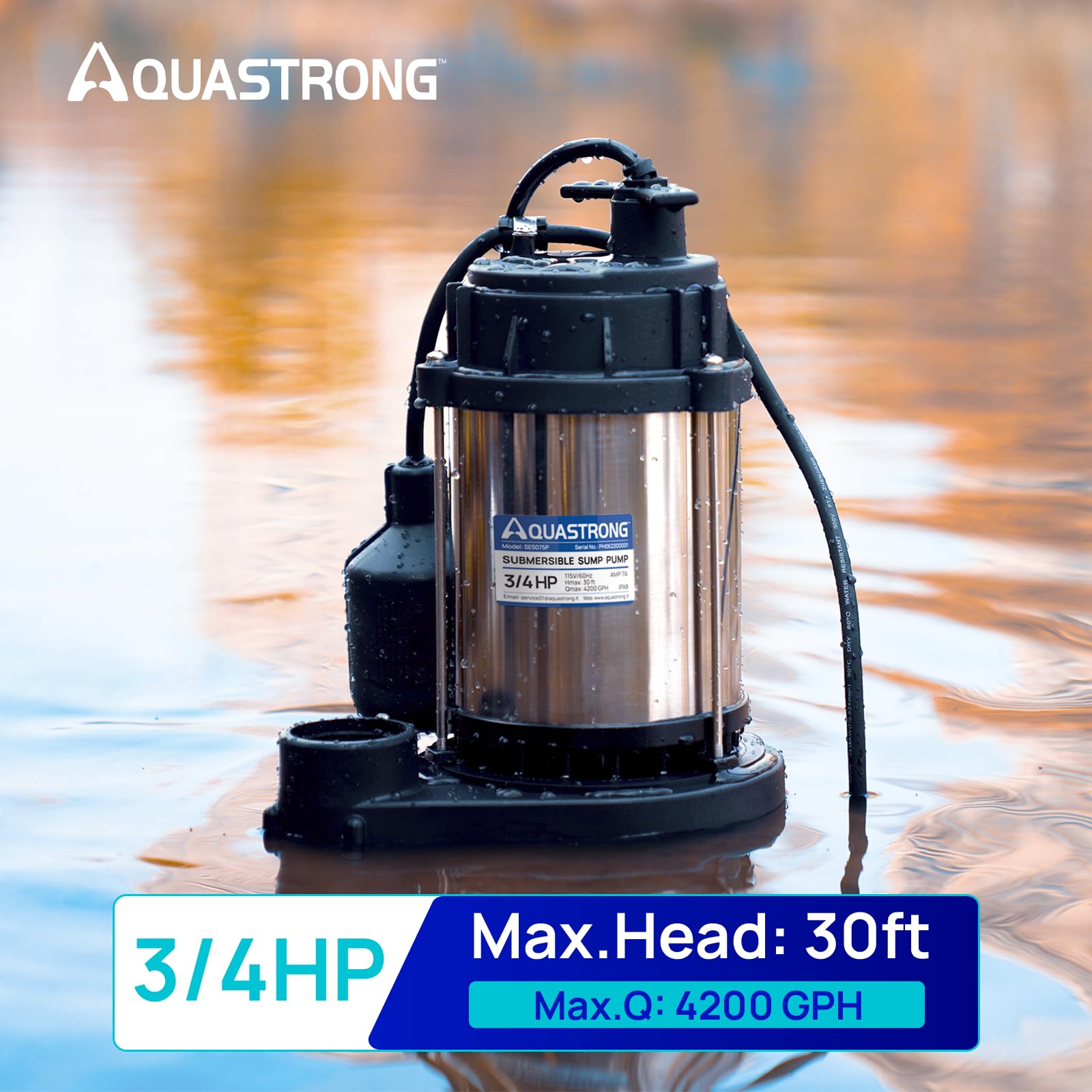 Mua AQUASTRONG 3/4 HP Sump Pump, 4200 GPH Stainless Steel and Thermoplastic Submersible Water ...