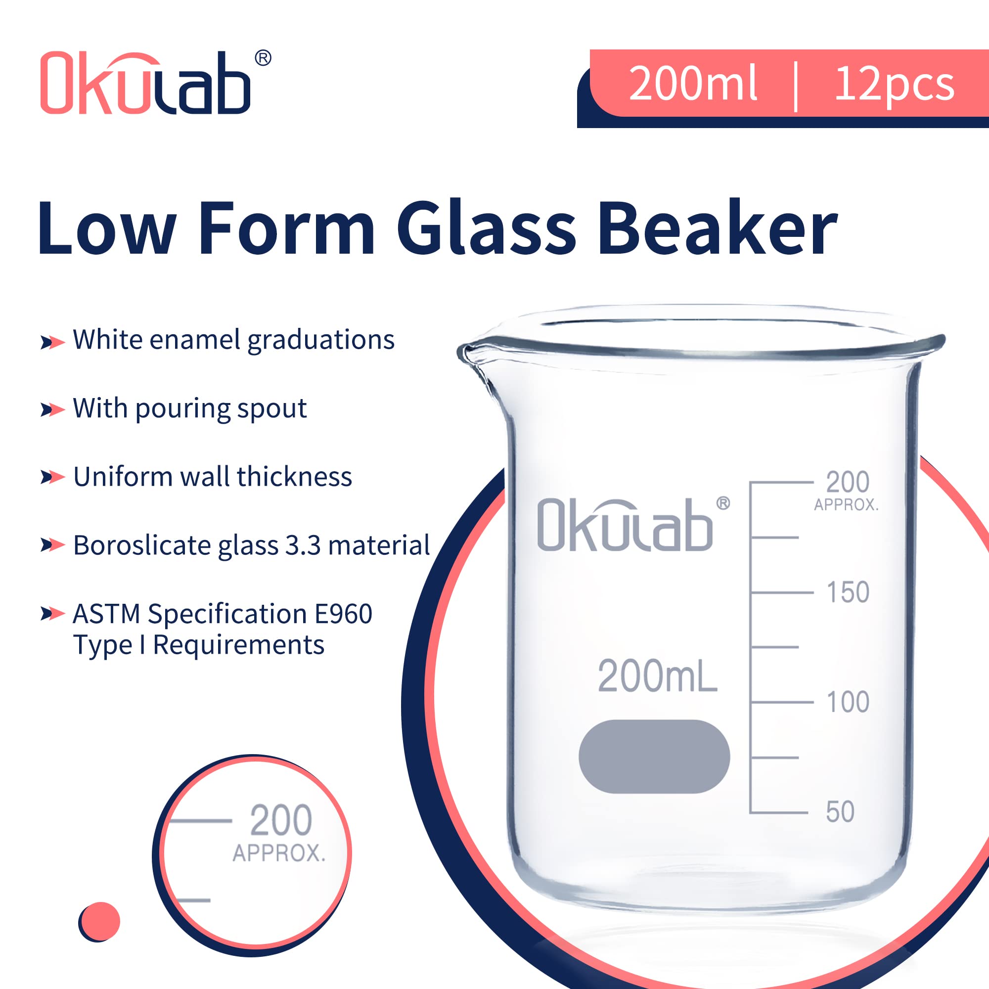 Okulab Glass Beaker, Graduated 3.3 Borosilicate Glass Beaker Set, 12pcs Of 200ml Low Form ...