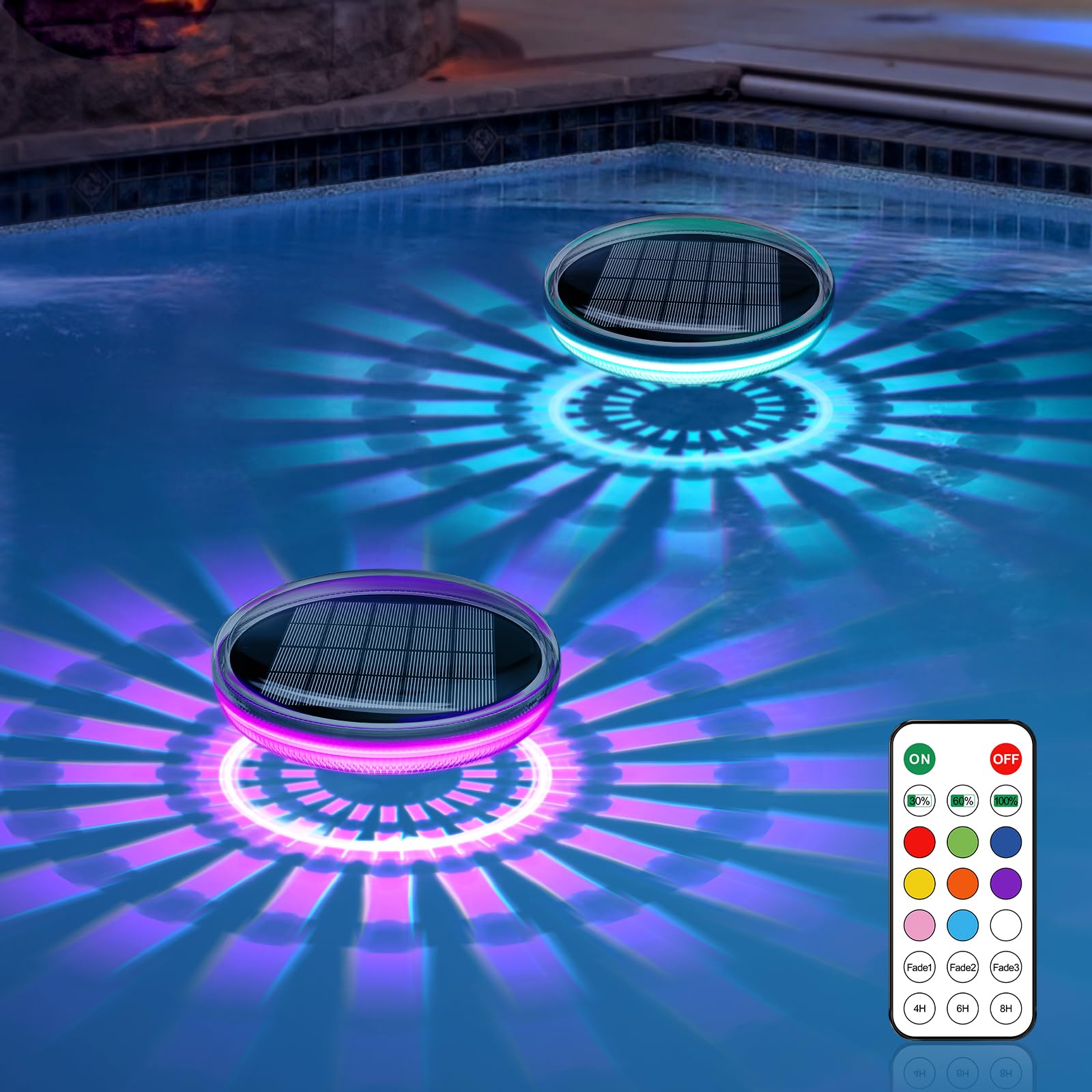 REYLAX Solar Floating Pool Lights with Remote 2 Pack, 9 Static & 3 ...