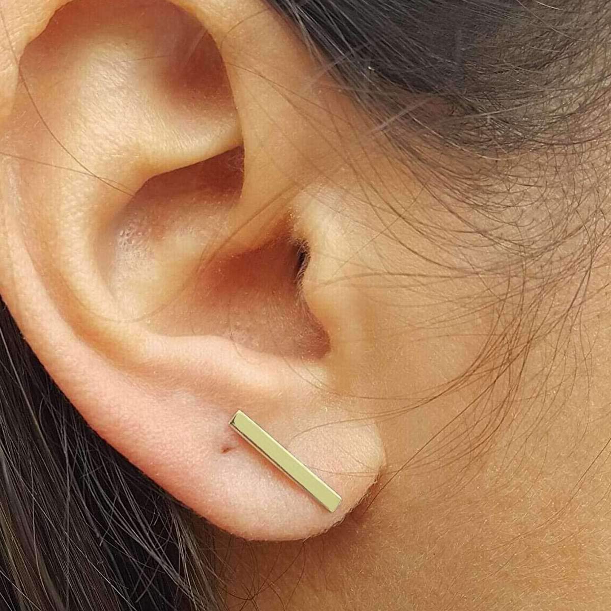 Amazon.com: 14K Solid Gold Bar Stud Line Earrings, Handmade 1cm Length ...