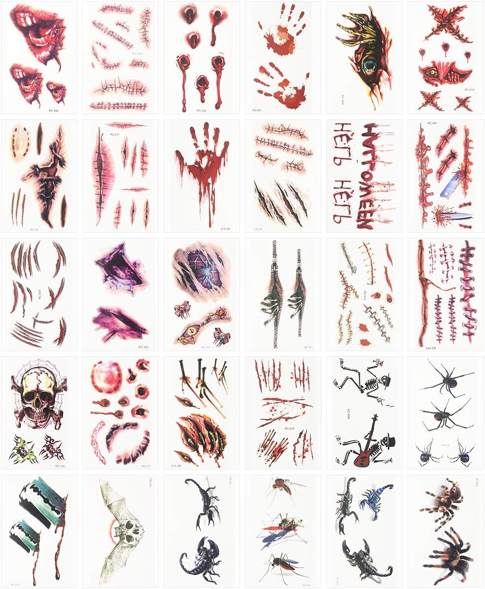 Qualsen 30 Sheets Halloween Temporary Scar and Insect Tattoos Stickers ...