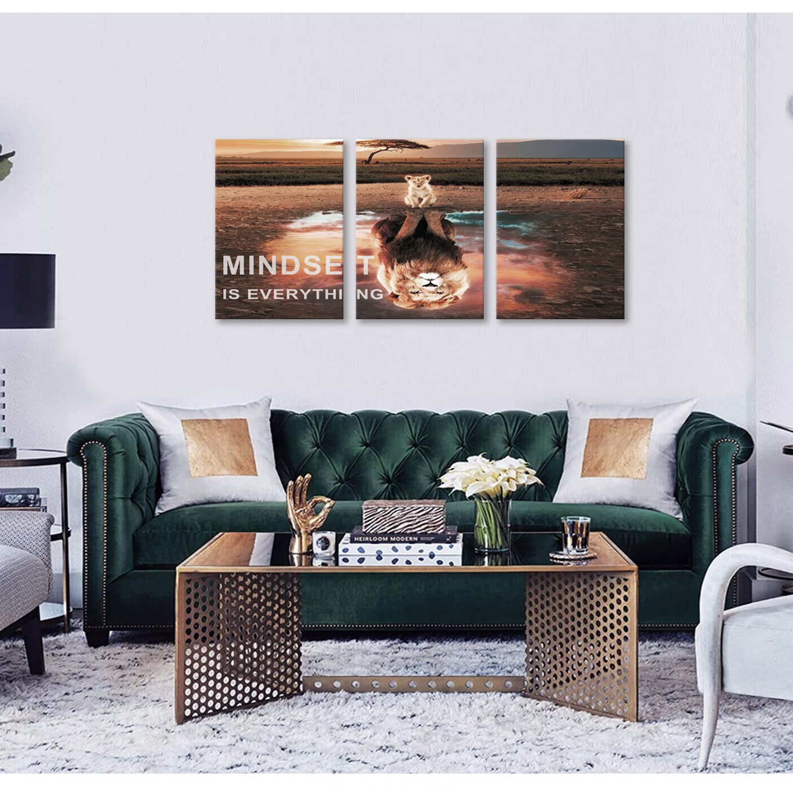 KAWAHONE Motivational Lion King Mindset Wall Art Gold, Success Cat Reflect Lion Mindset Is ...