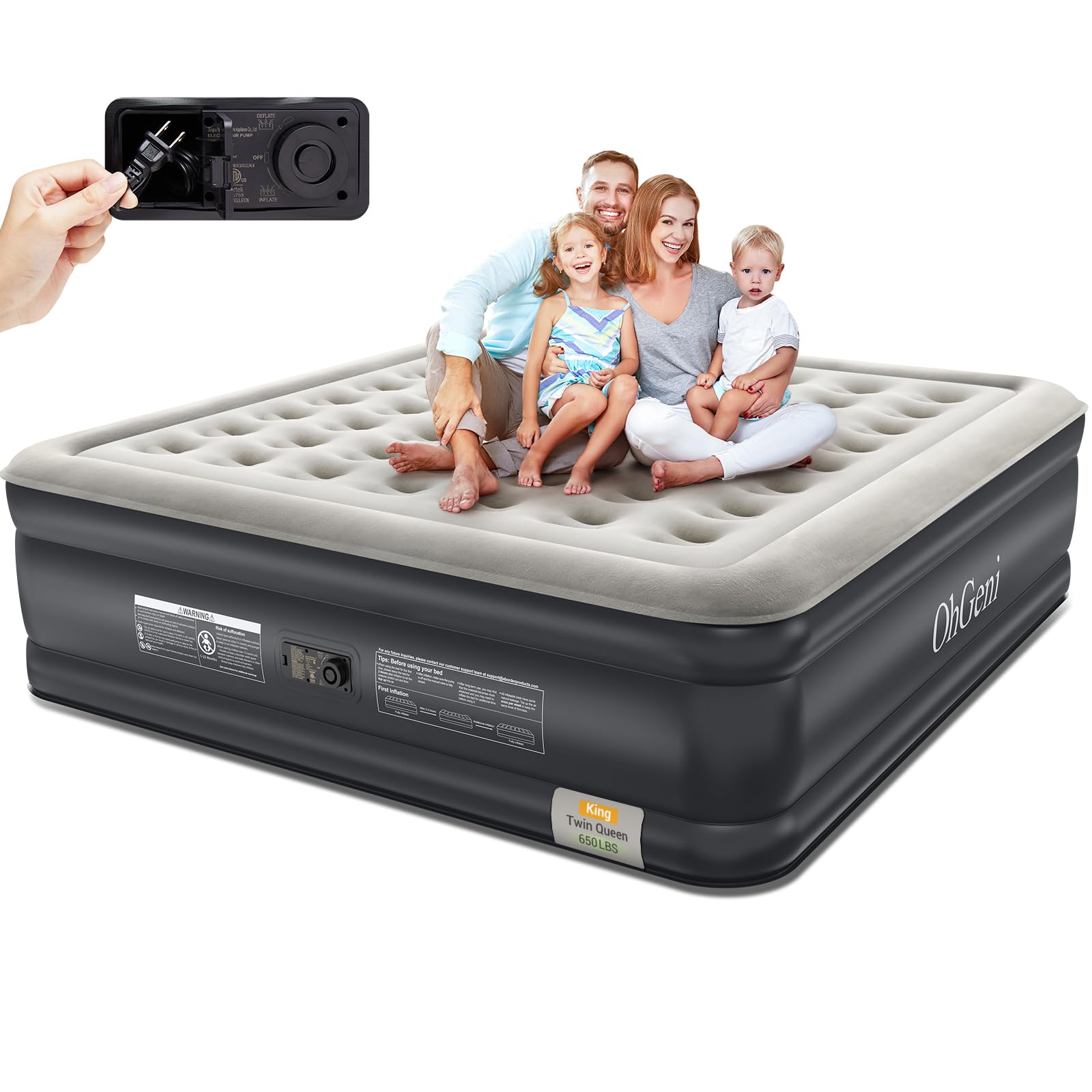 OhGeni King Air Mattress with Built-in Pump,18'' Comfortable Blow Up ...
