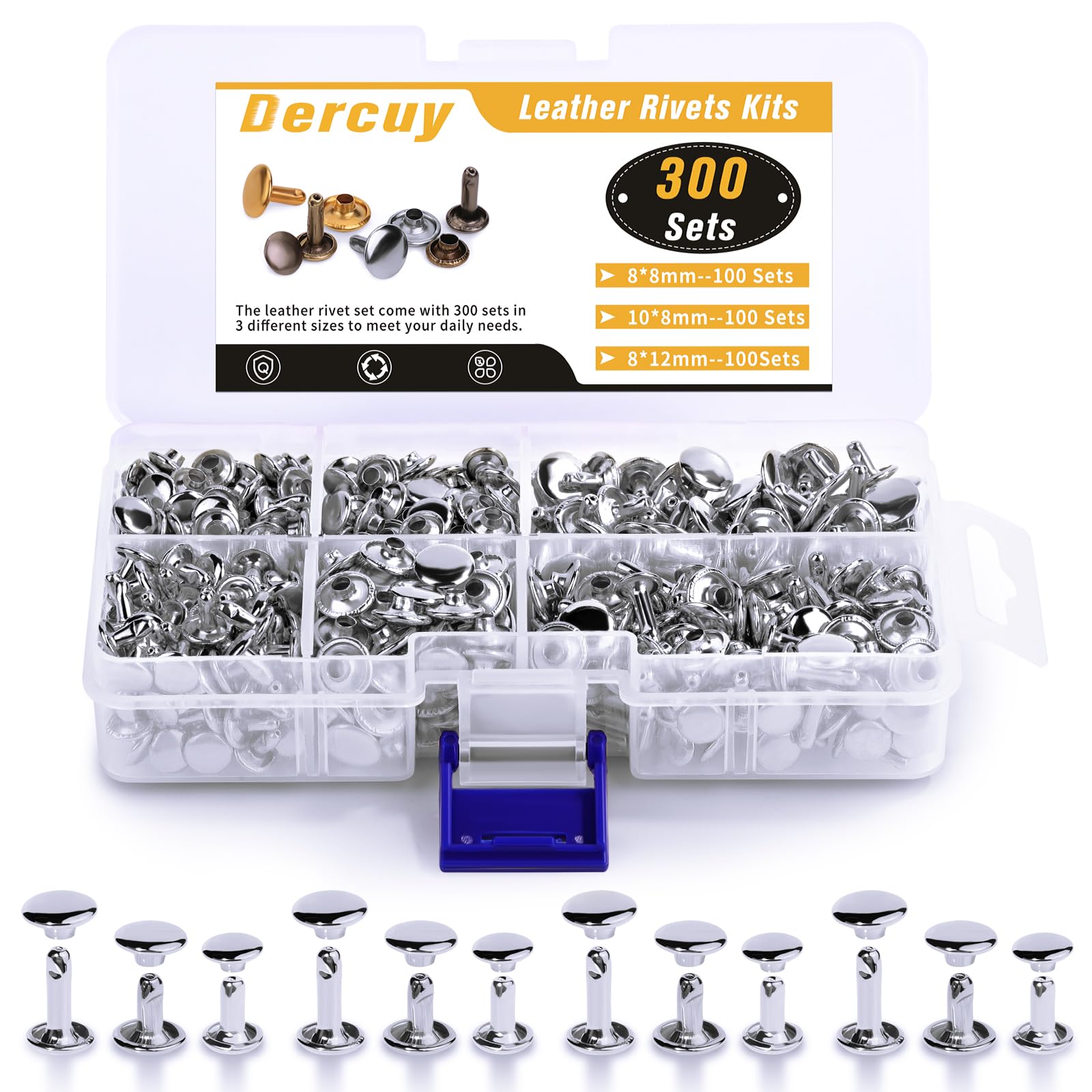 Dercuy 300 Sets Leather Rivets, 3 Sizes Double Cap Rivets for Leather ...