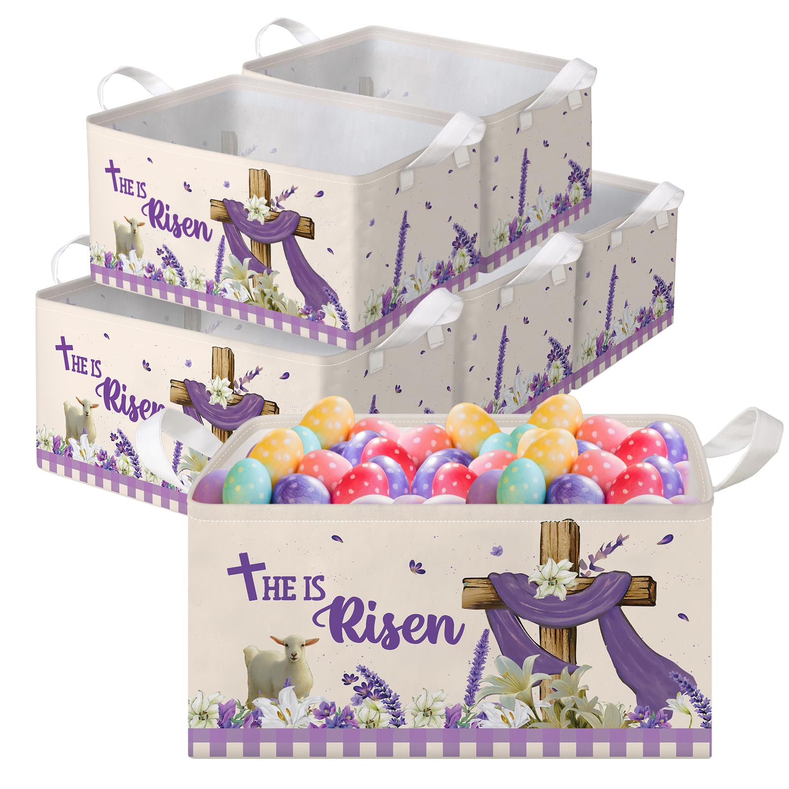 Leinuosen 6 Pcs Easter Gift Basket Rectangular He Is Risen Storage Bins ...