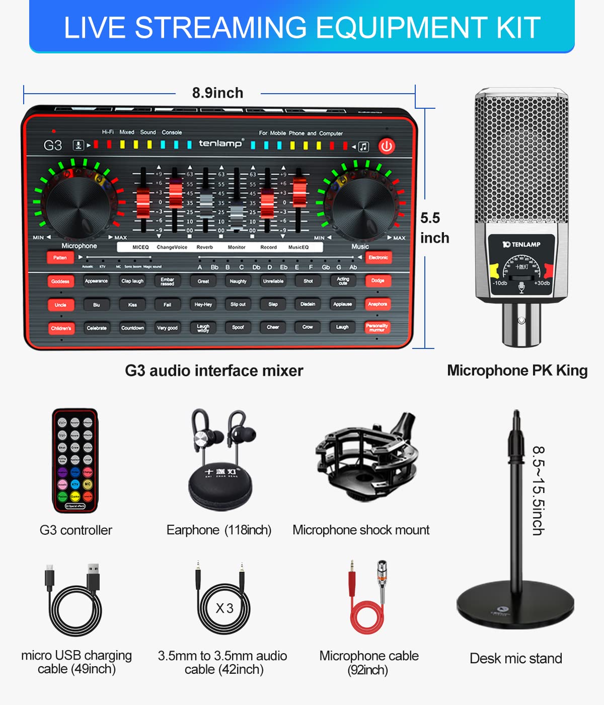 Mua Audio Mixer with Sound Card, Ten Lamp Portable Podcast Equipment ...
