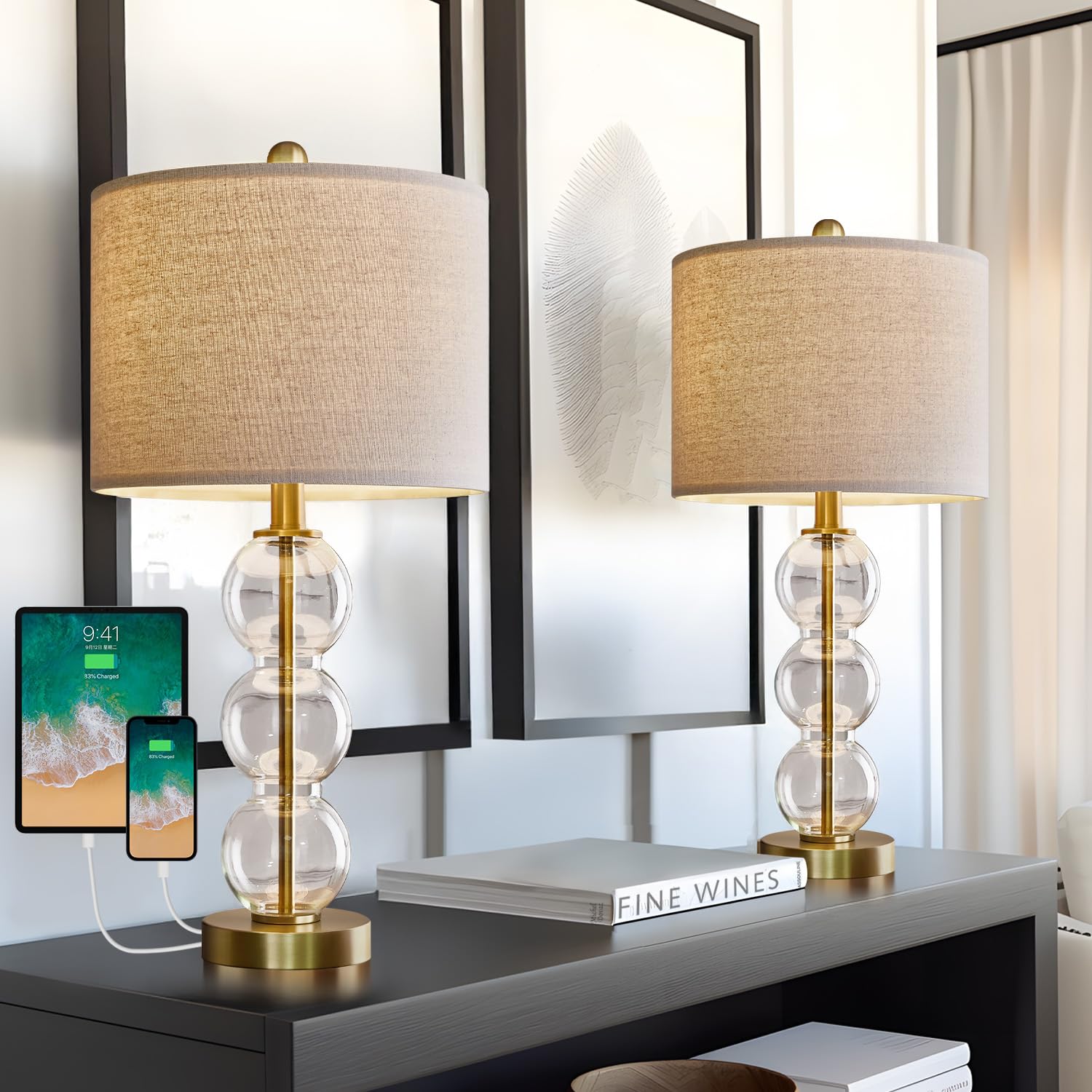 USumkky 24'' Glass Table Lamps Set of 2 for Bedroom Living Room,Gold ...