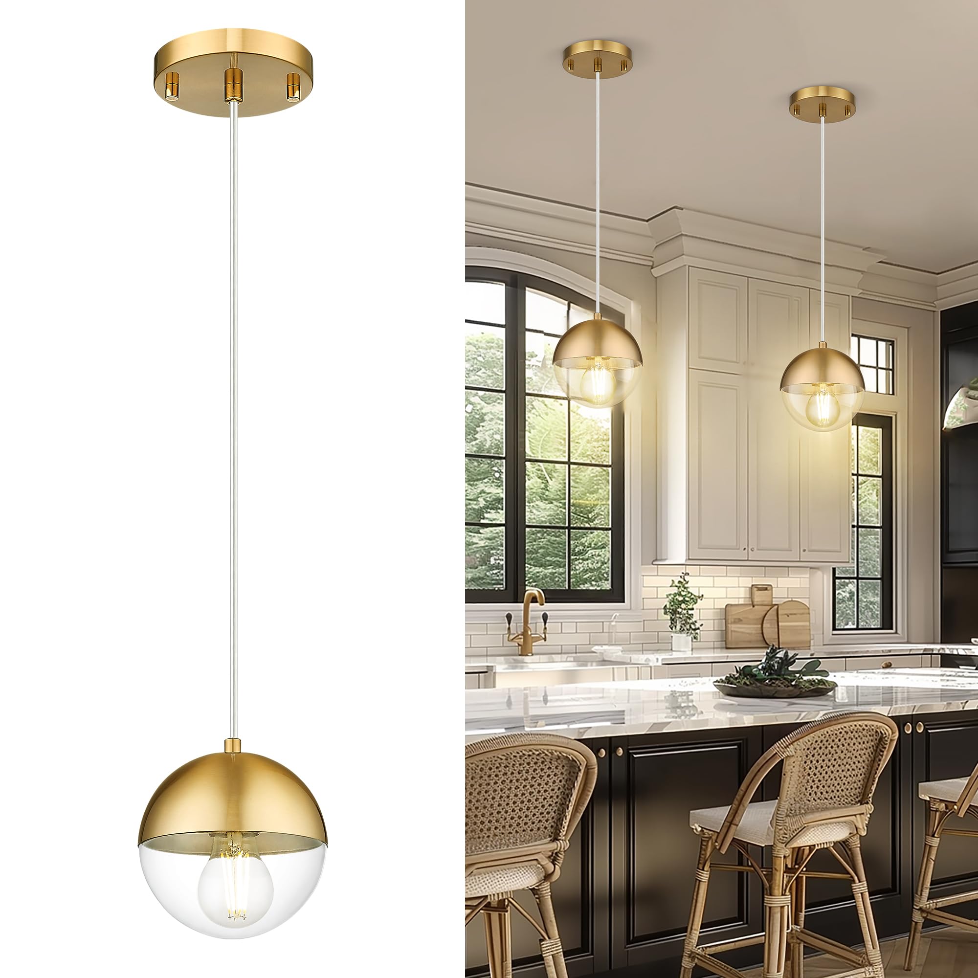 LMS 6-inch Modern Pendant Light, Brushed Gold Industrial Kitchen Island Pendant Light with Clear ...