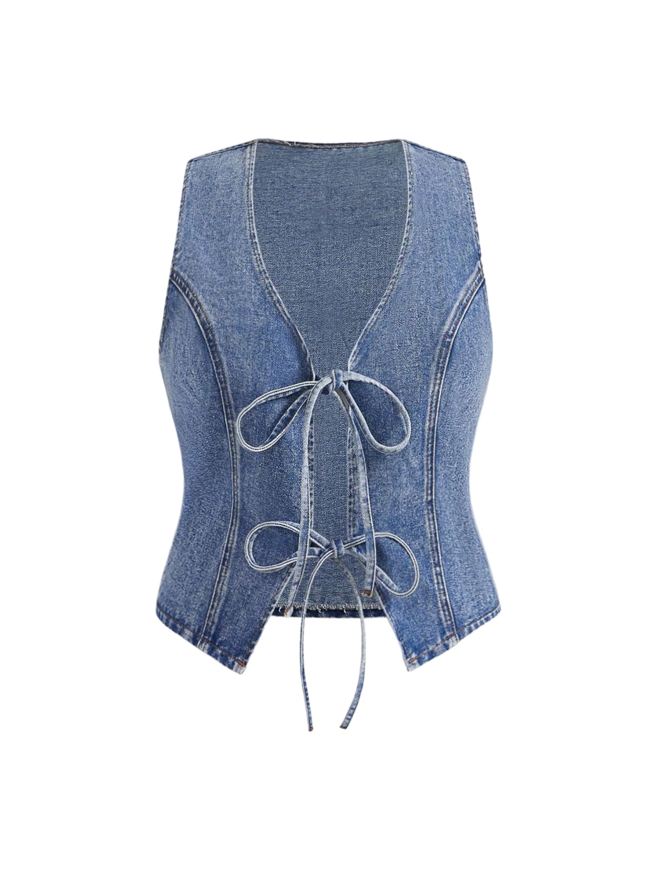 WDIRARA Women's Plus Size Bow Tie Front Denim Vest Jacket Western ...