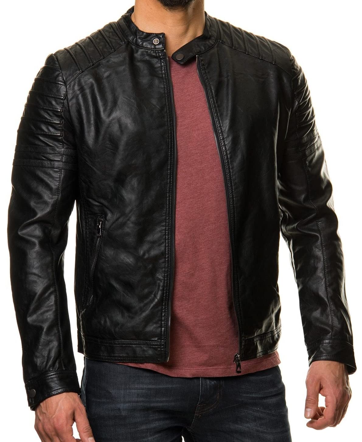 DECIMAL Men's Black REAL Lambskin Leather Biker Jacket VINTAGE GENUINE MOTORCYCLE JACKETS FOR ...