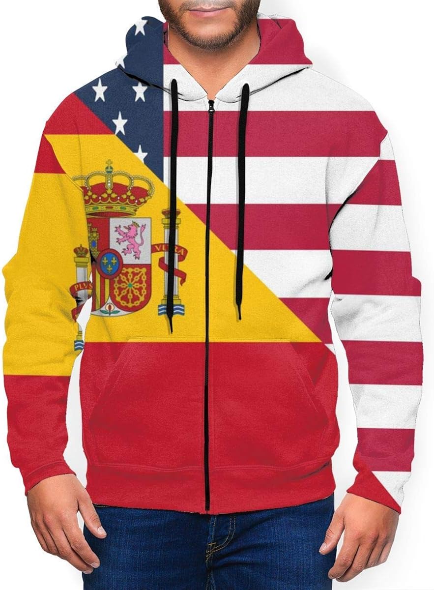 sdkjfg Amerikanische und spanische Flagge Herren Full-Zip Fleece Hoodie ...