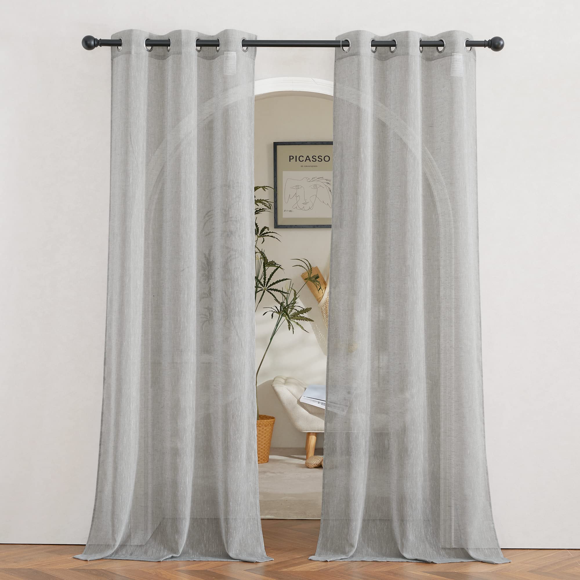 NICETOWN Semi Sheer Grey Curtains 84 inches Long, Grommet Linen Weave ...
