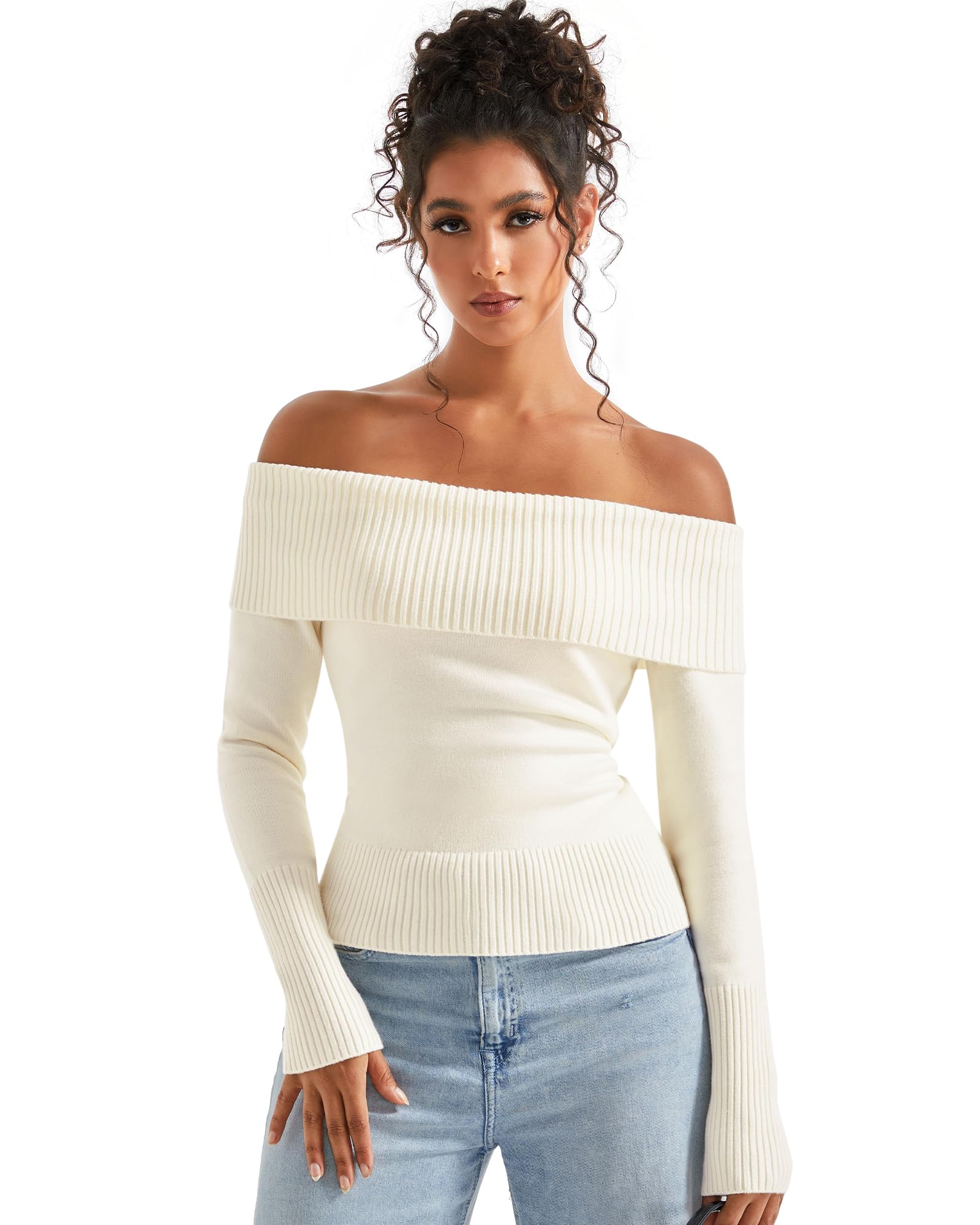 SUUKSESS Women Off Shoulder Sweater Long Sleeve Ribbed Knit Pullover ...