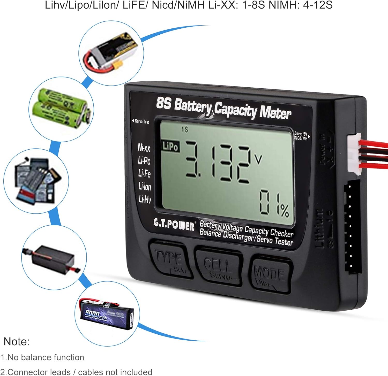 Digital Capacity Tester, 1-8S Lipo Capacity Voltage Checker Controller ...