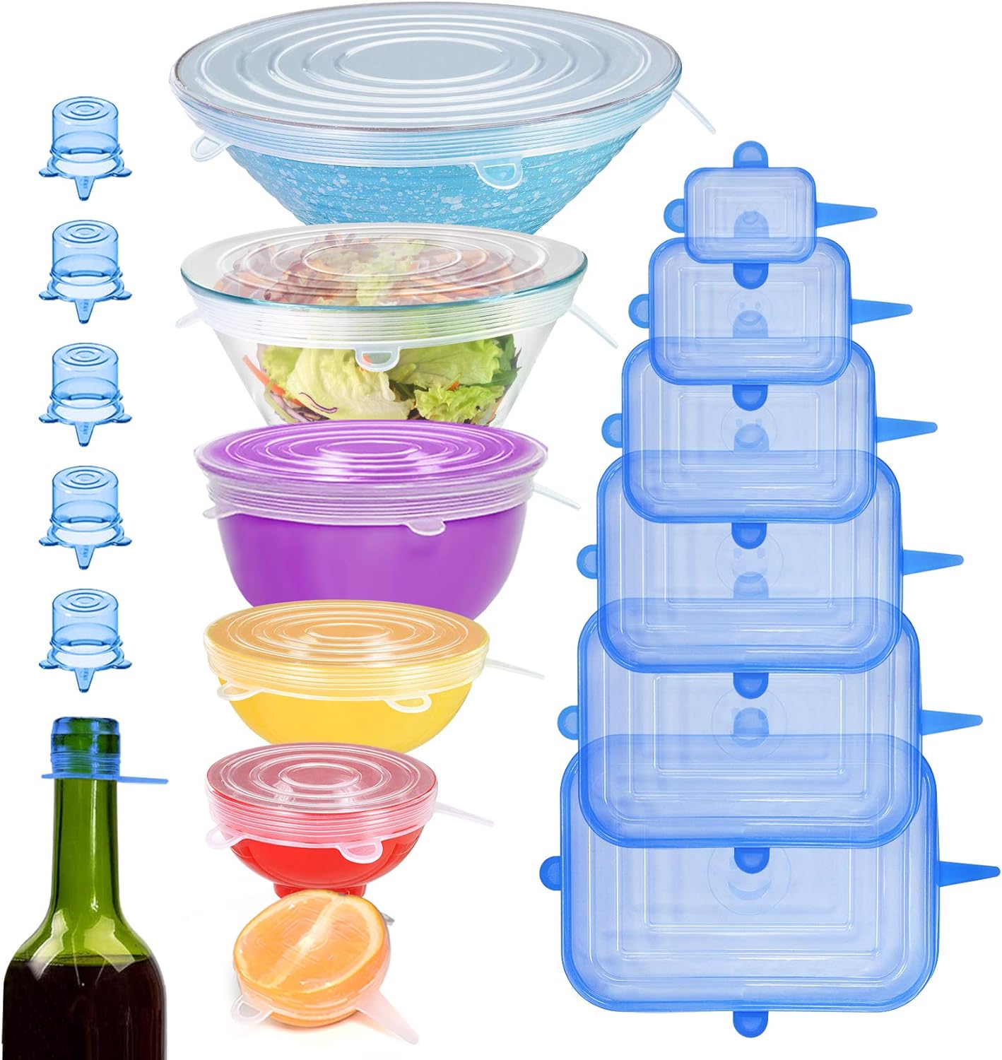 Longzon Silicone Stretch Lids Pack of 18, 6 Clear Round 6 Blue ...