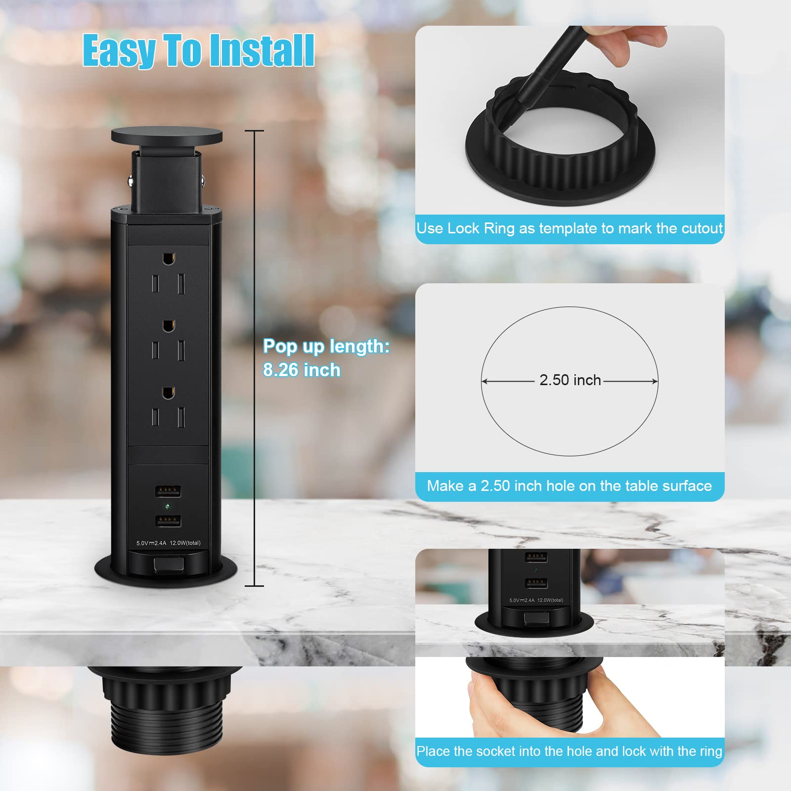 Pop Up Electrical Outlet For Countertop, Recessed Power Strip With 3 AC ...
