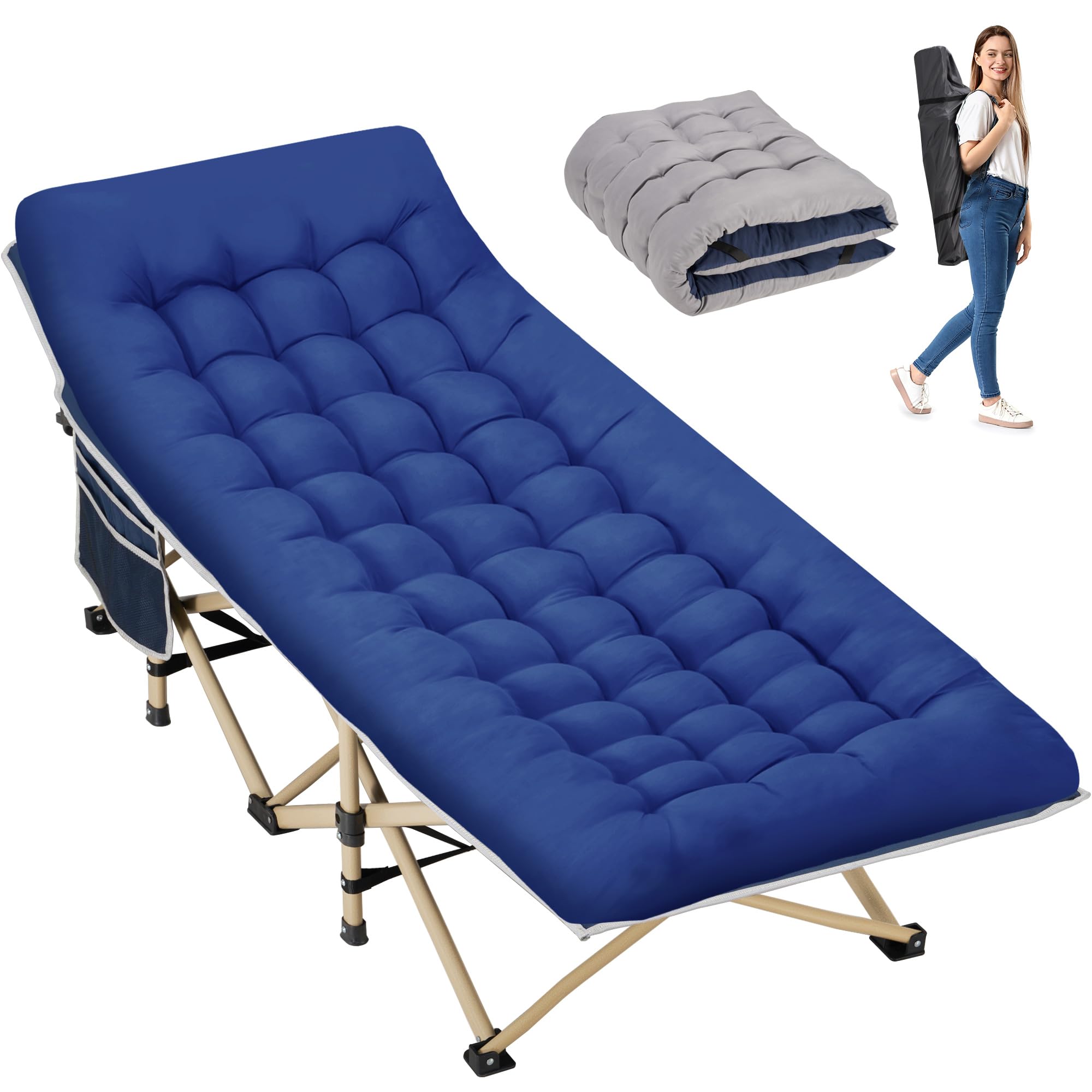 Candockway Folding Camping Cot with Comfy Mattress(Blue),600LBS(Max ...