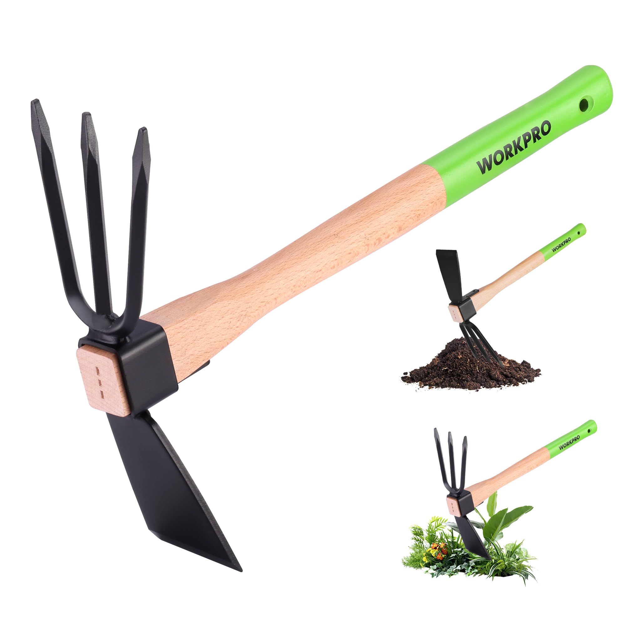 WORKPRO Hoe and Cultivator Garden Rake with 14" Wooden Handle, Sharp ...