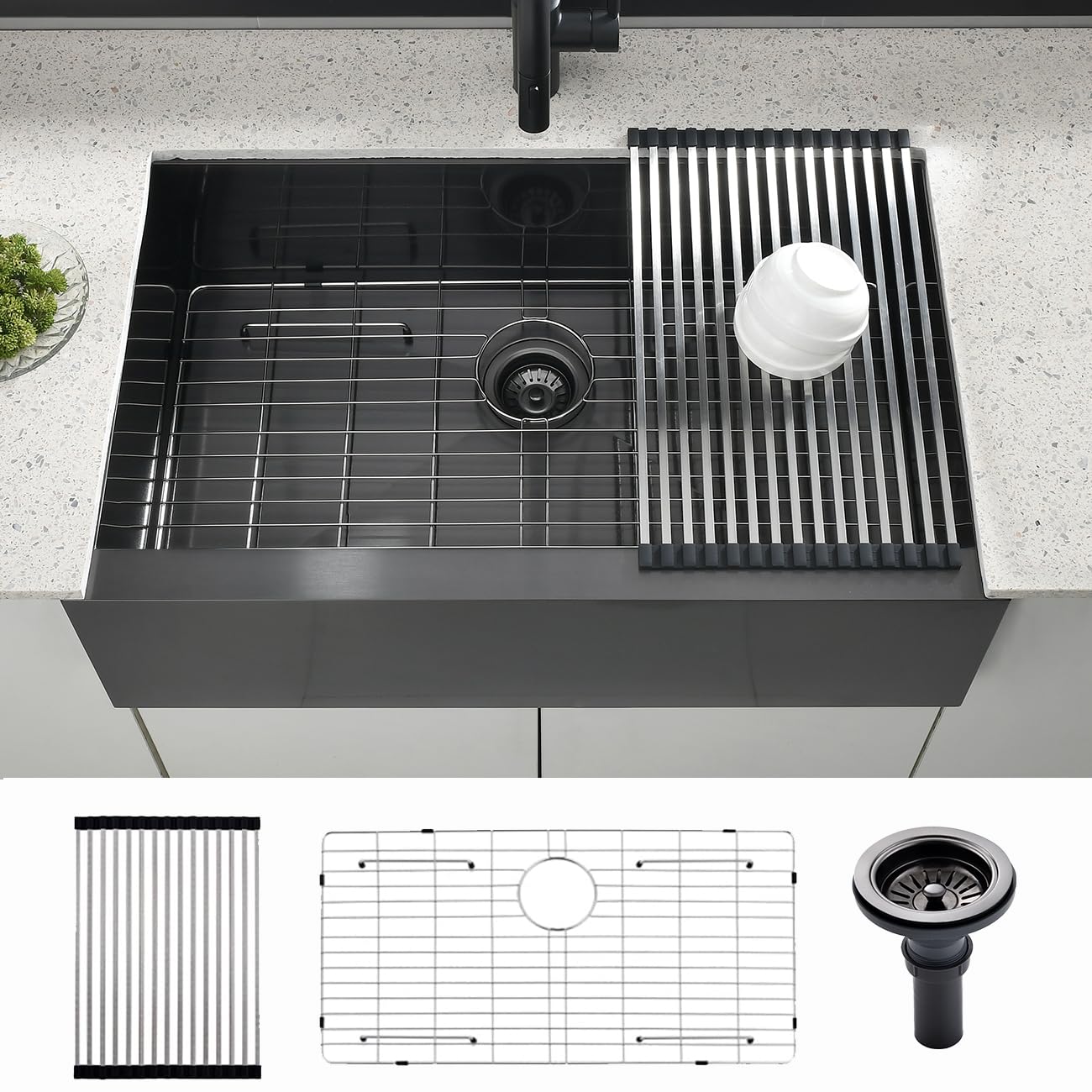 30 Black Farmhouse Kitchen Sink Undermount, Gabhar 30x20x10 16Gauge ...