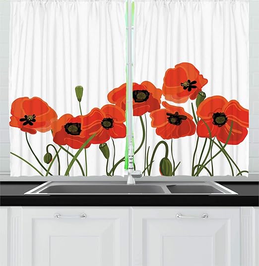 Amazon.com: Ambesonne Poppy Kitchen Curtains, Efflorescing Meadow in ...